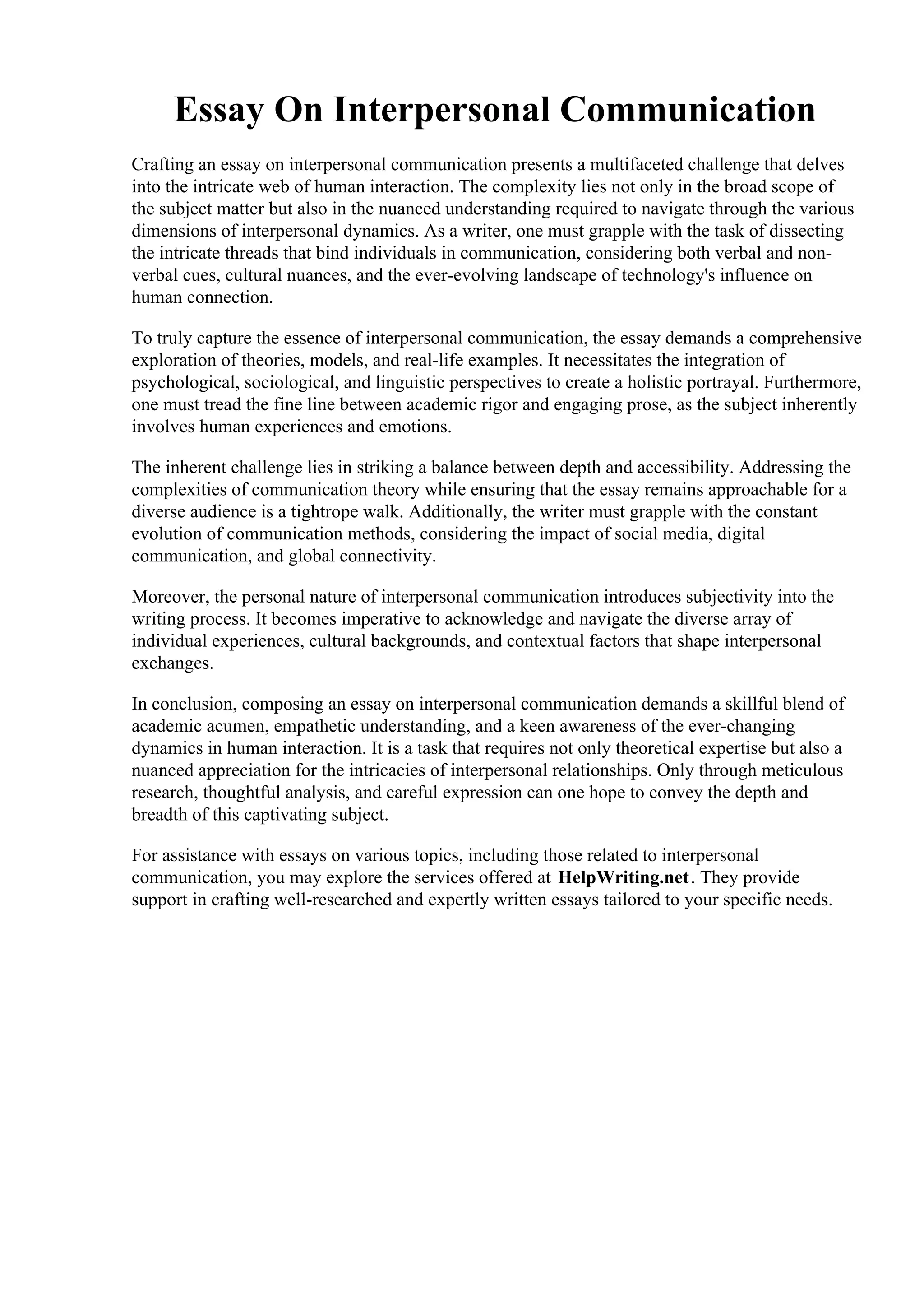 Essay On Interpersonal Communication. Interpersonal Communication ...