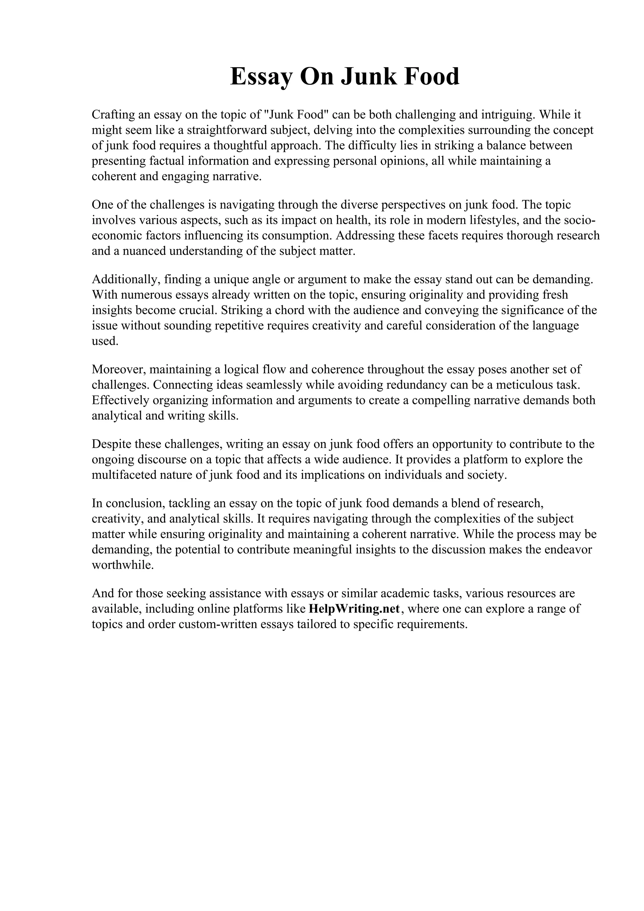 Essay On Junk Food | PDF