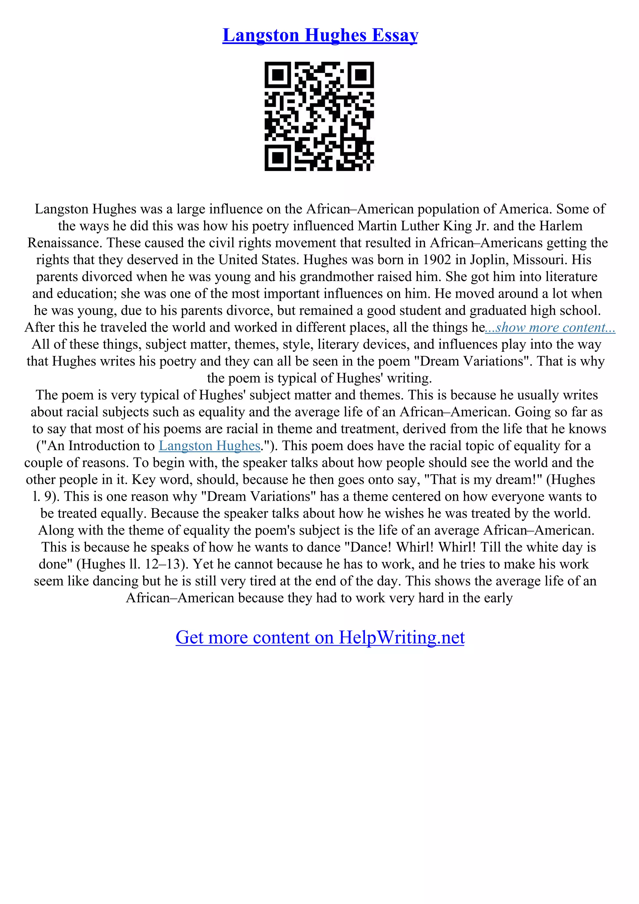 Essay On Langston Hughes | PDF | Poetry | Books and Literature