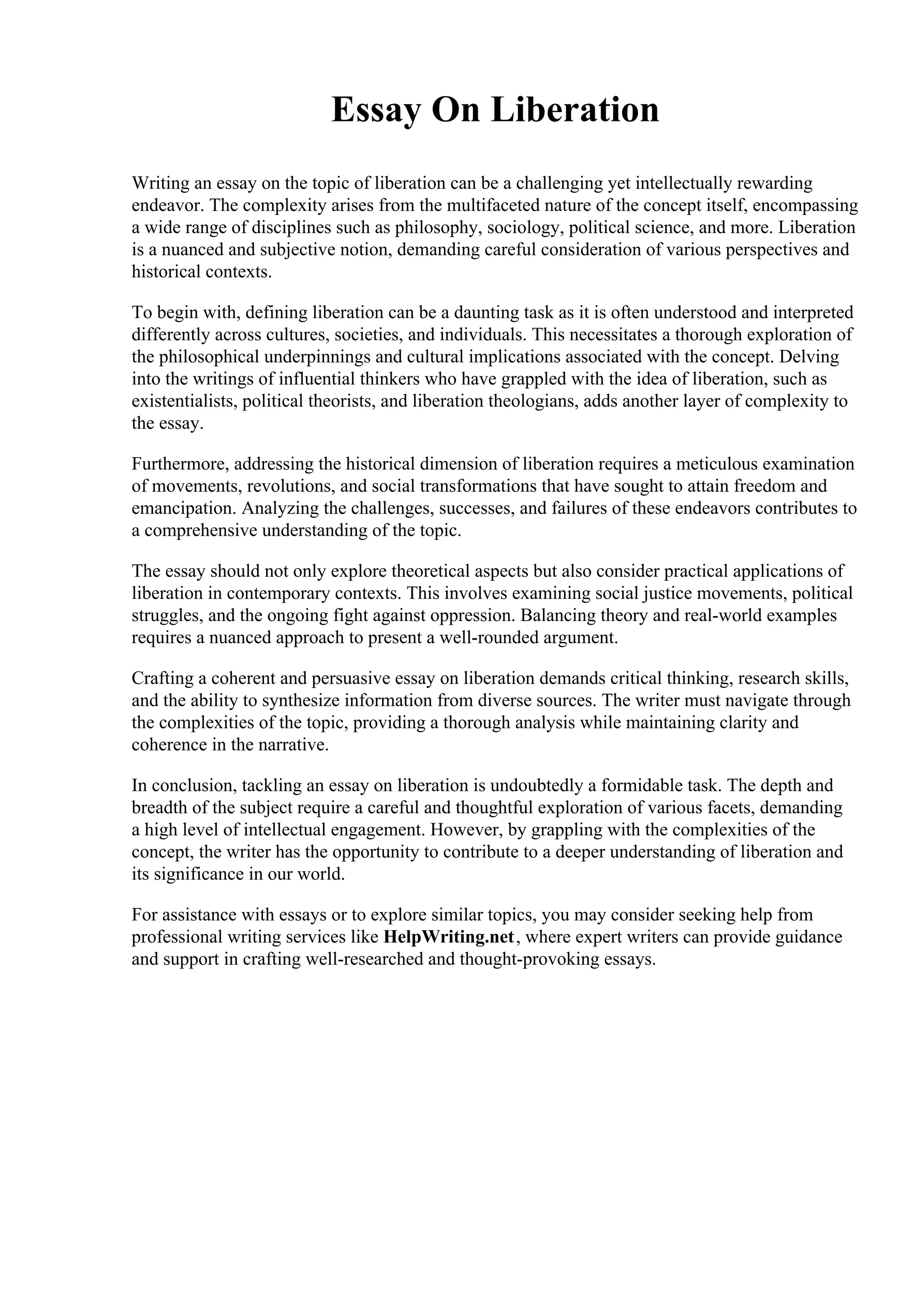 Essay On Liberation. Mission College (California) | PDF