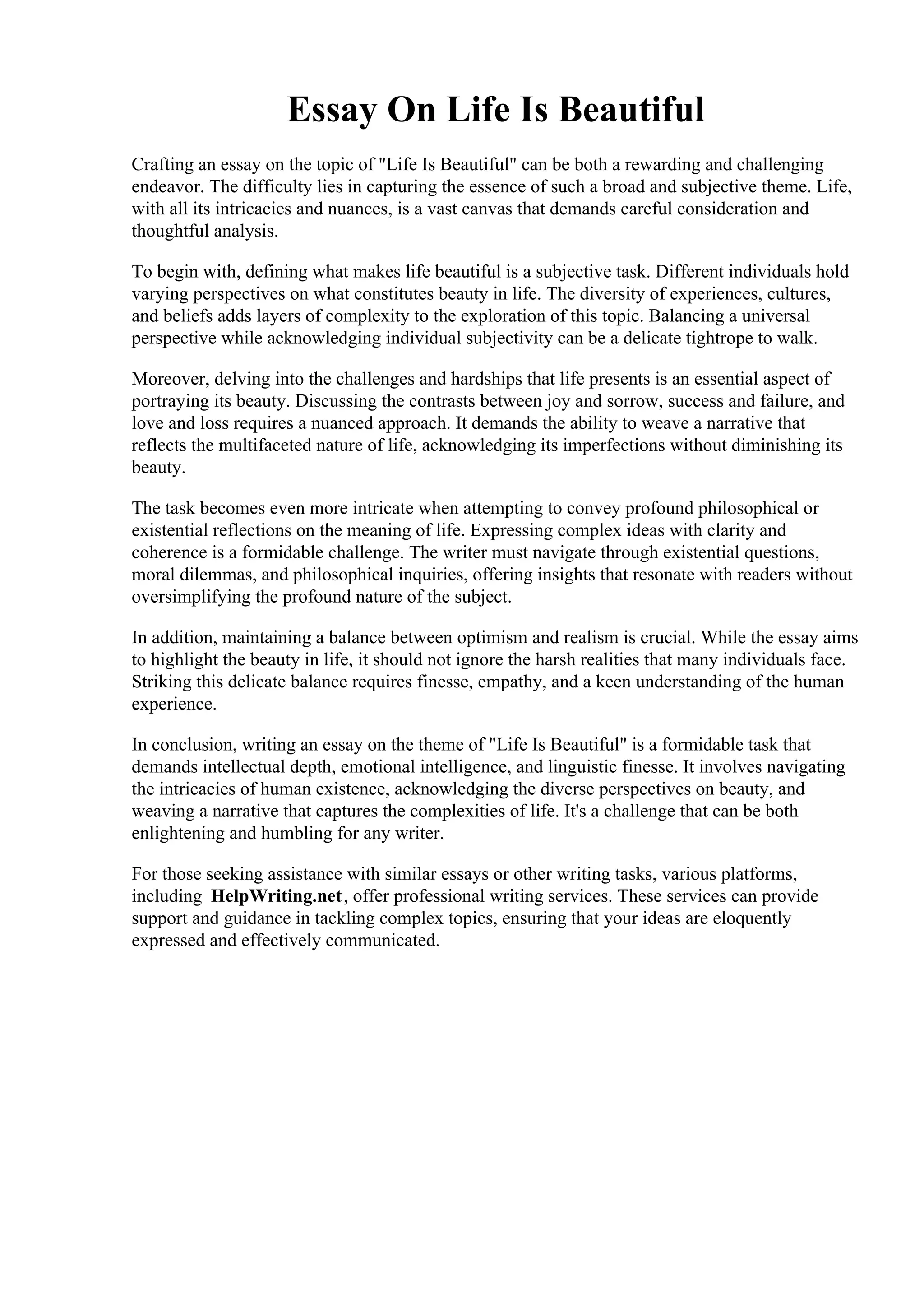Essay On Life Is Beautiful | PDF
