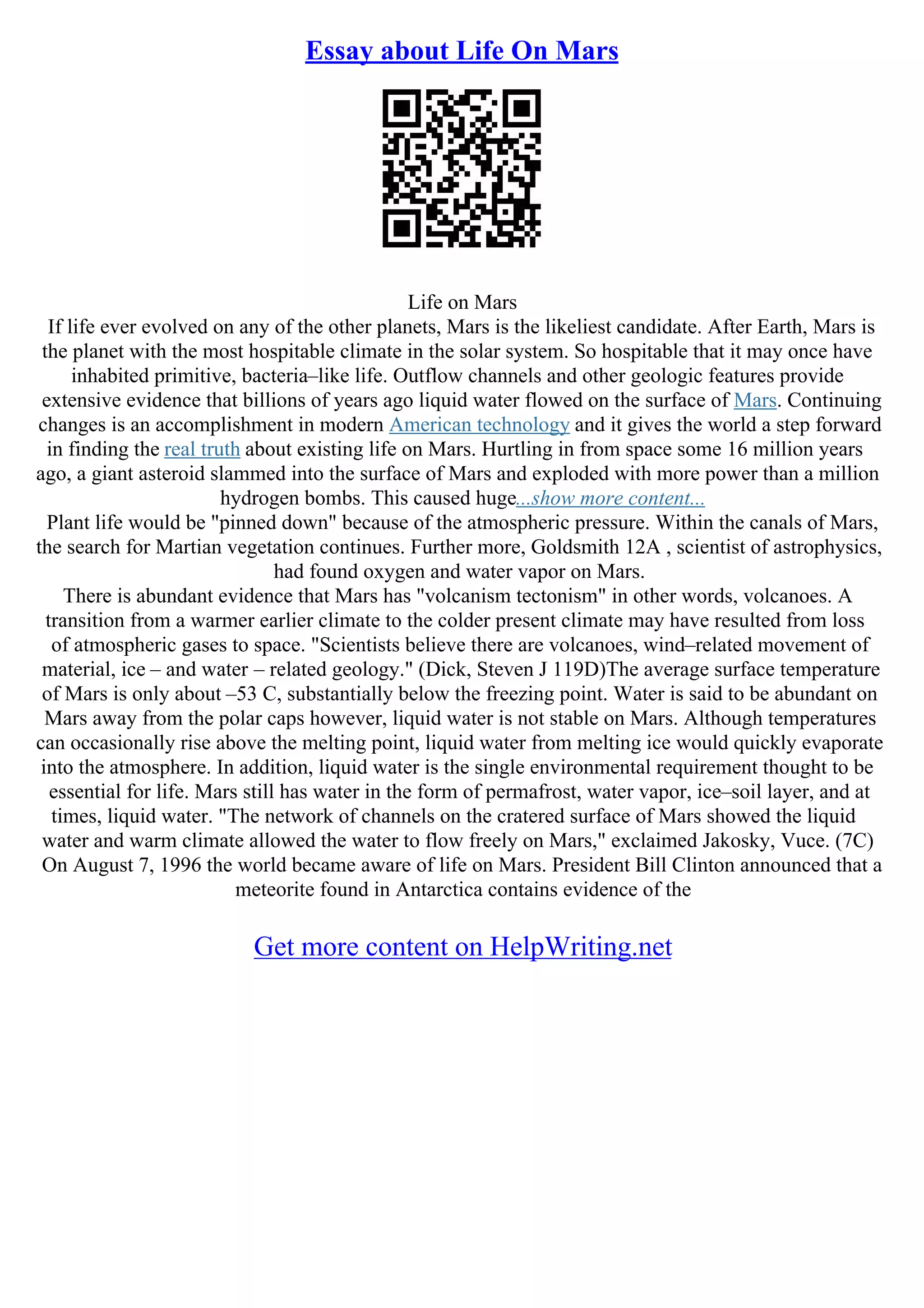 Essay On Mars Planet | PDF