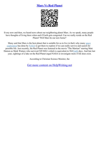 Essay On Mars Planet | PDF