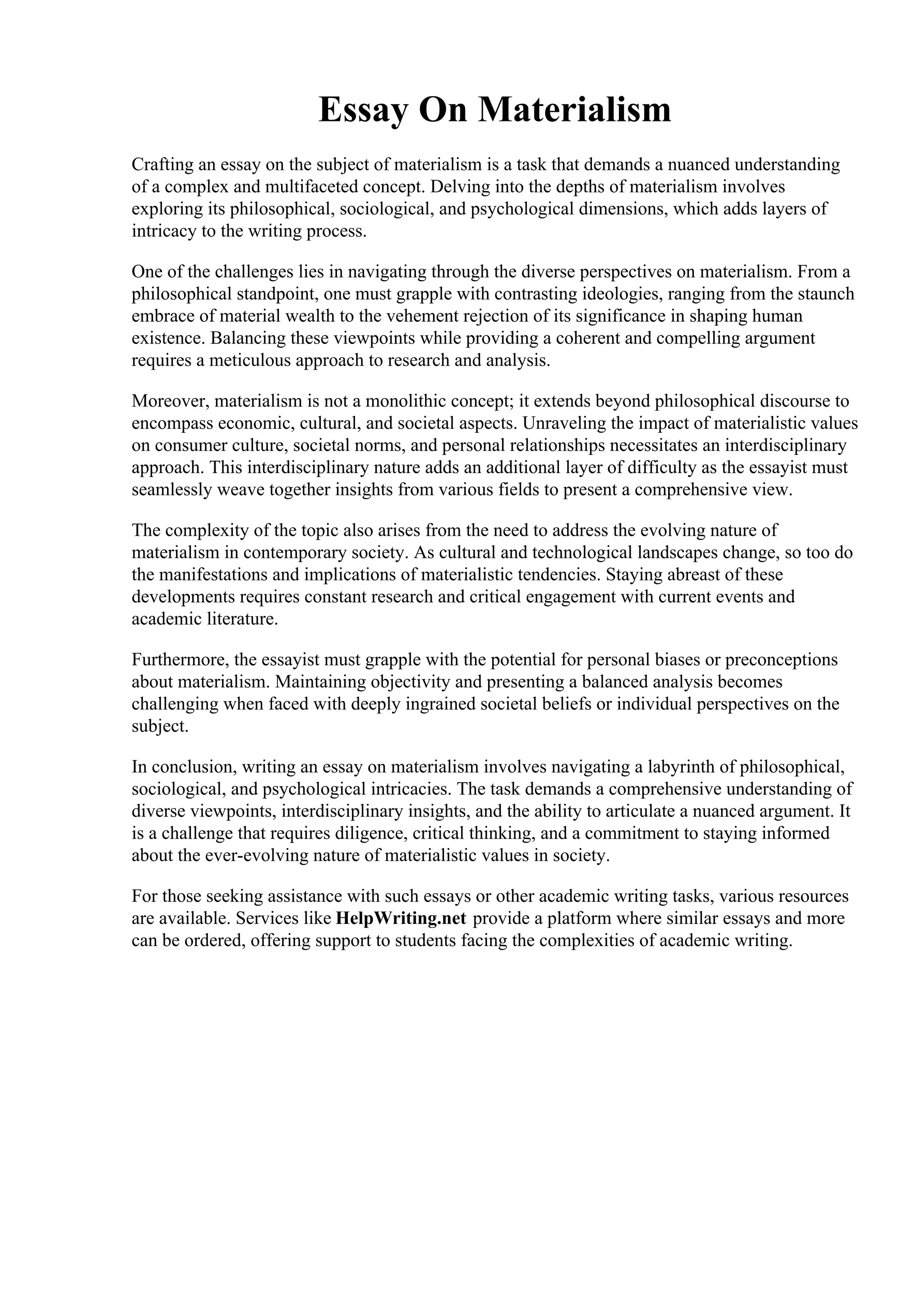 Essay On Materialism. DOC quot; People are becoming more materialistic ...