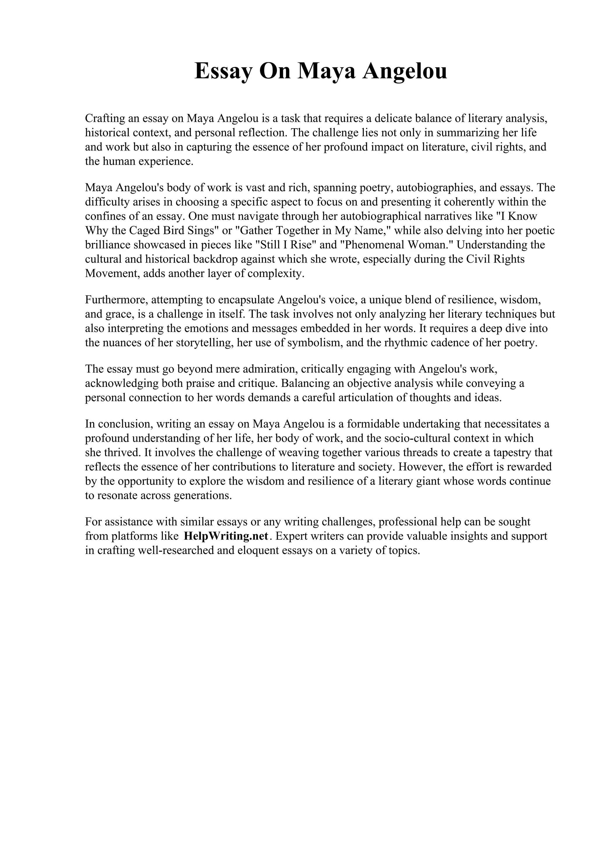 Essay On Maya Angelou. Virginia Commonwealth University | PDF