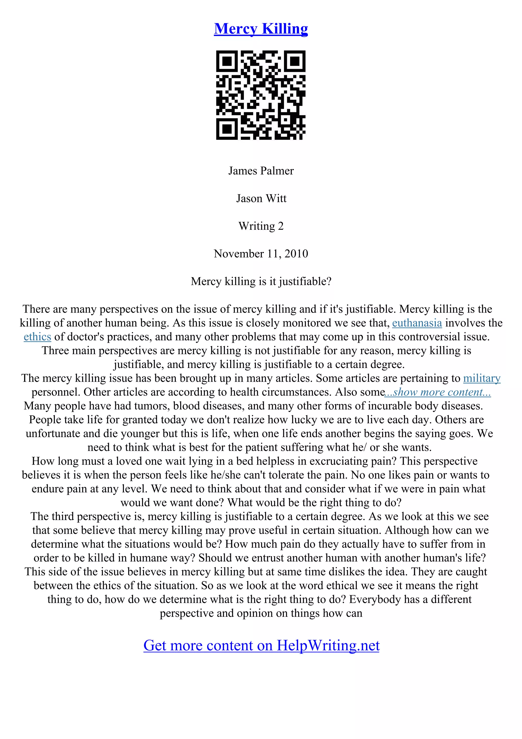 Essay On Mercy Killing | PDF