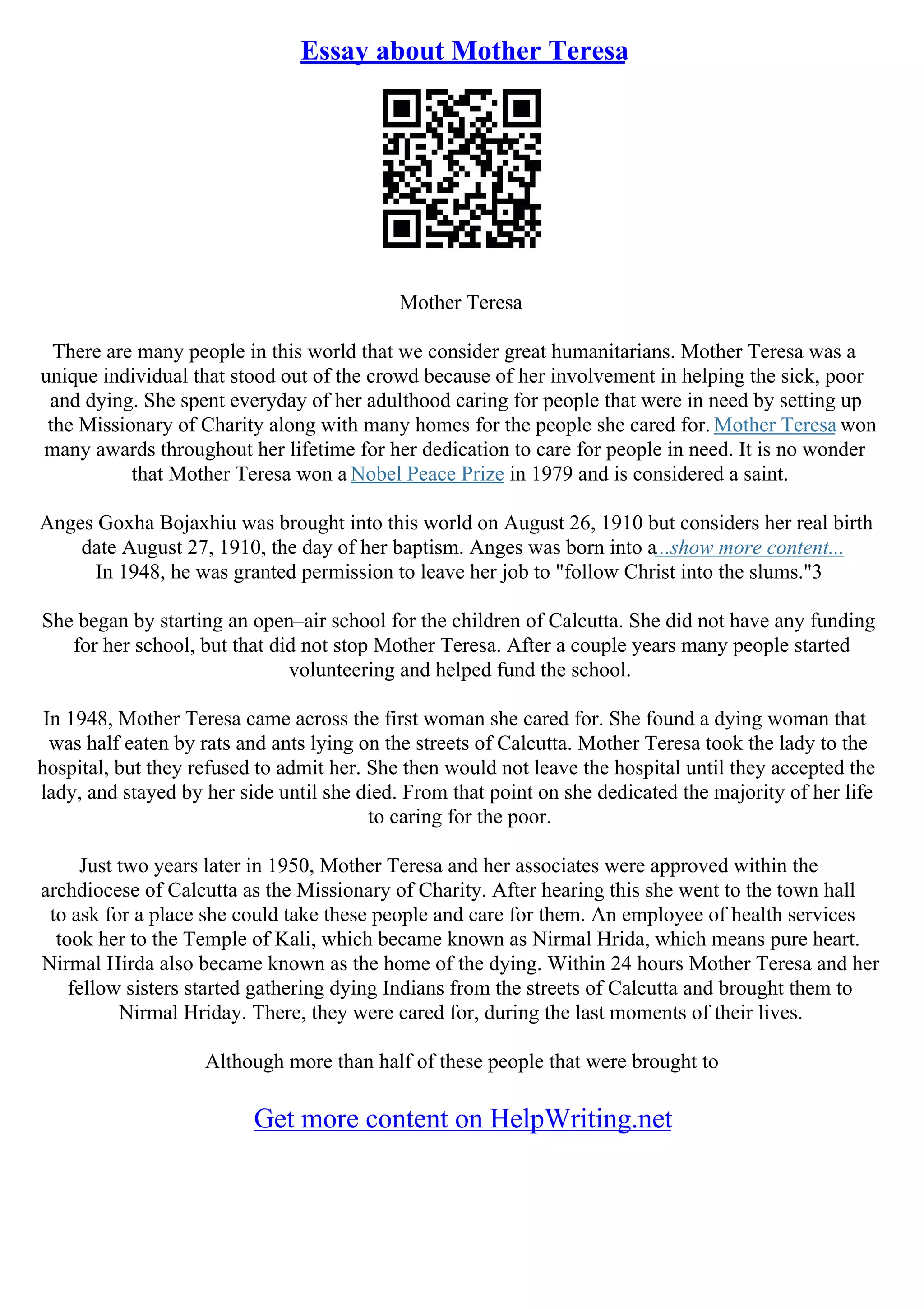 Essay On Mother Teresa For Kids | PDF