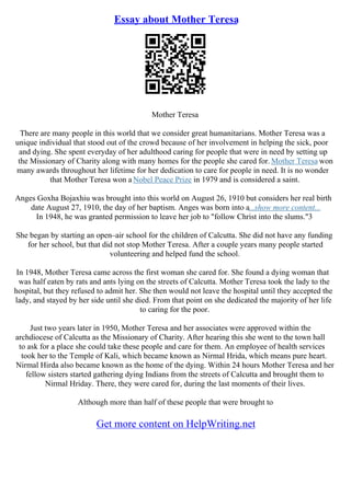 Essay On Mother Teresa For Kids | PDF