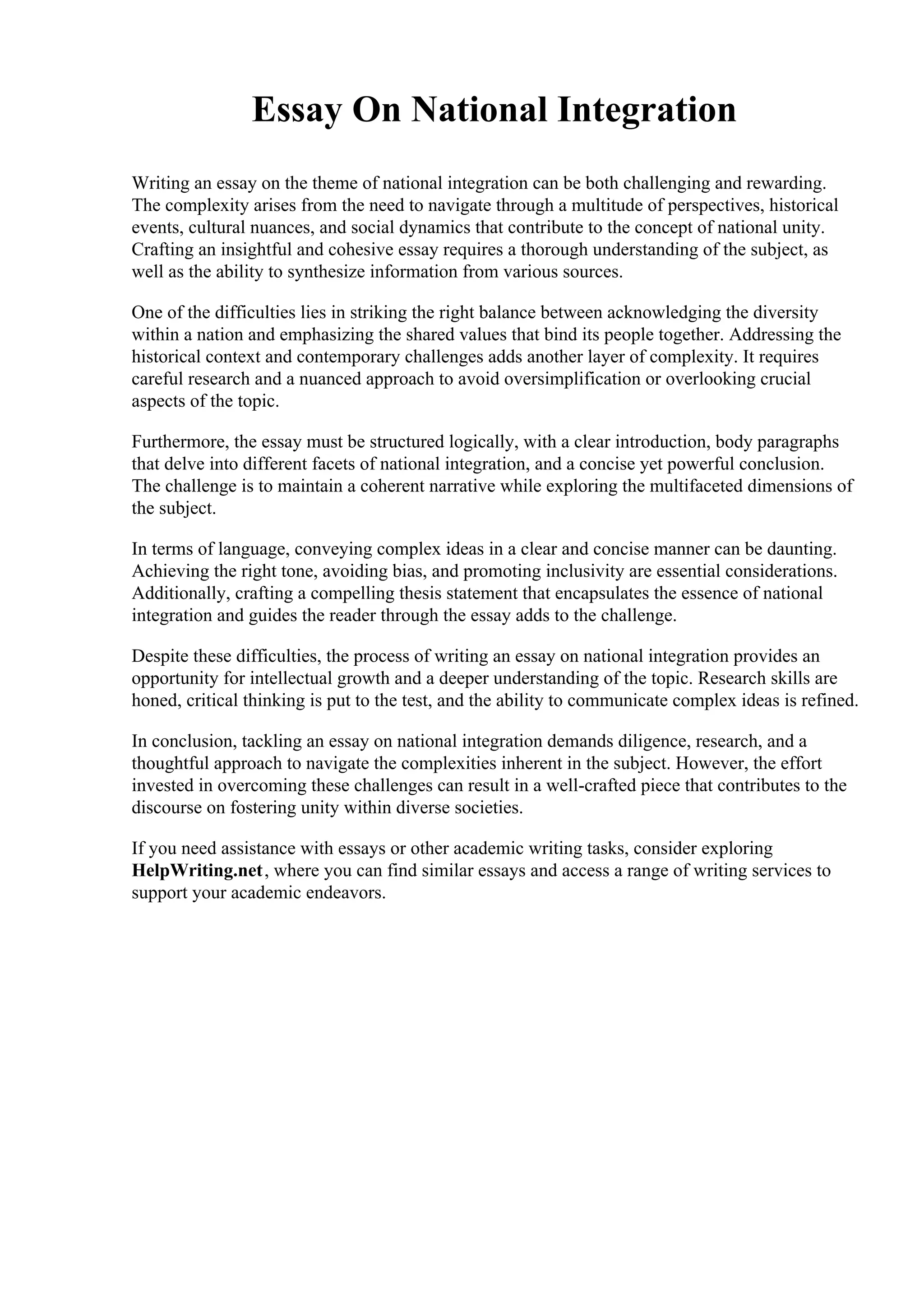 Essay On National Integration | PDF | Homework and Study | Education