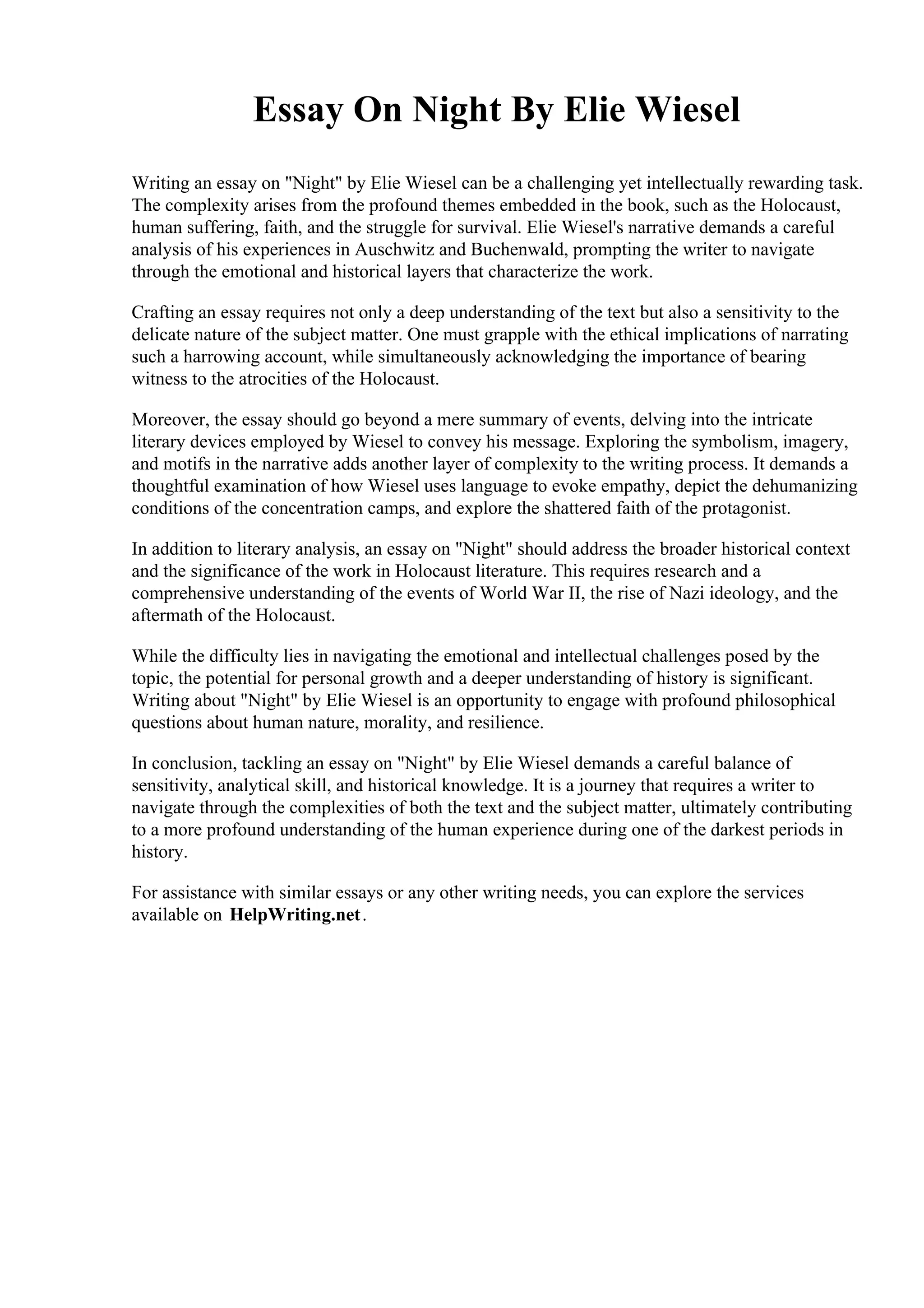 Essay On Night By Elie Wiesel. Gettysburg College | PDF