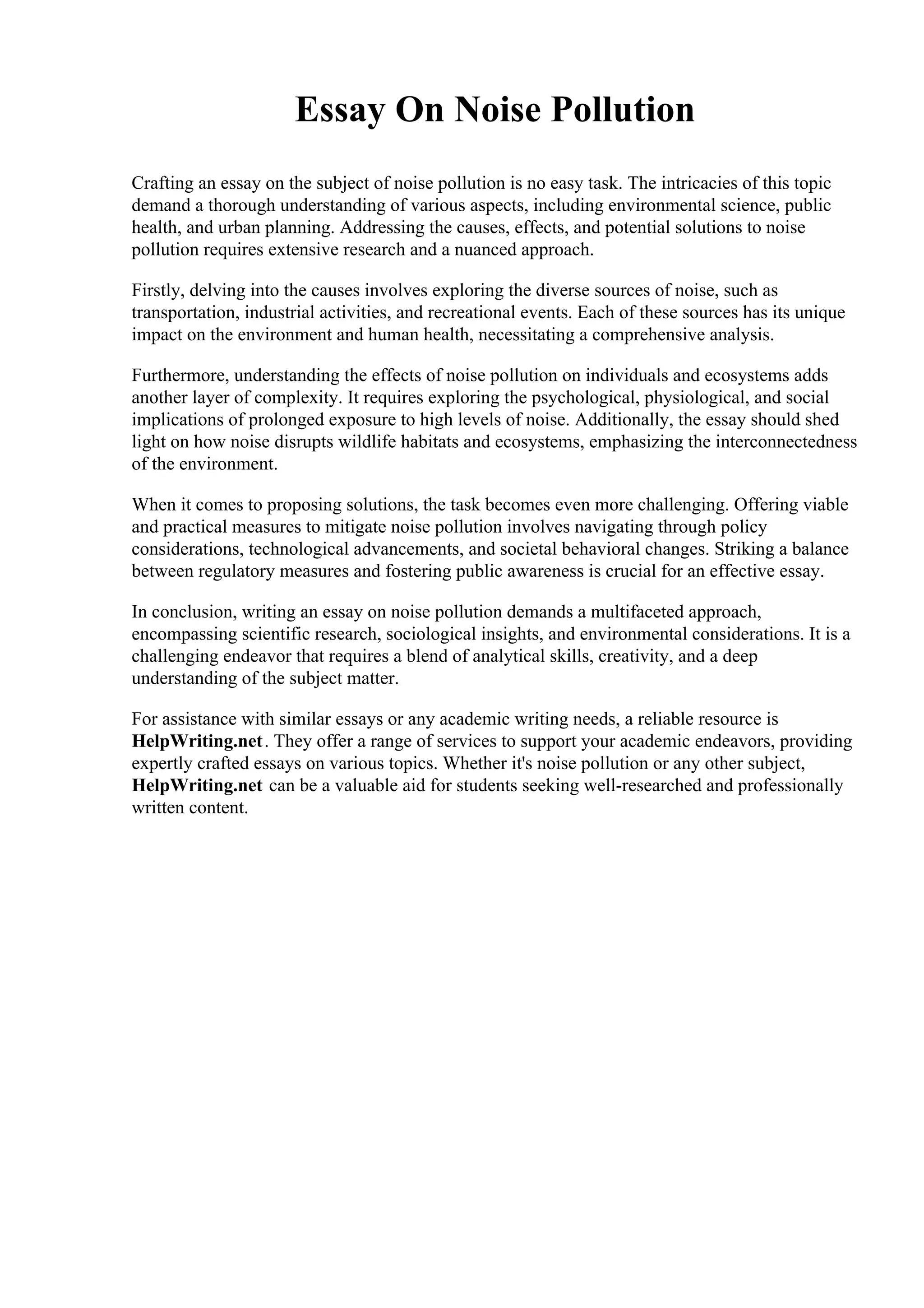 Essay On Noise Pollution. Bluefield College | PDF