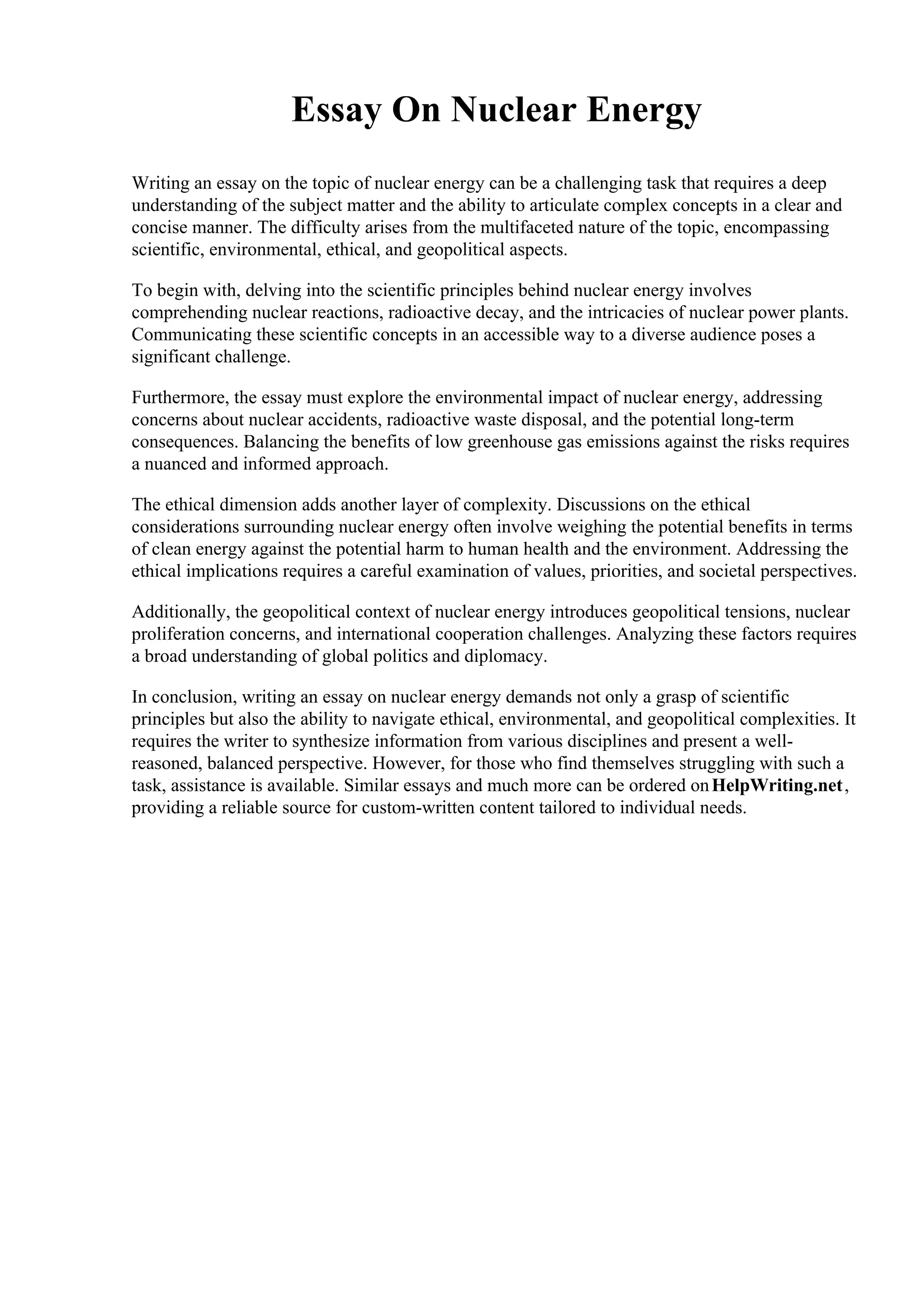 Essay On Nuclear Energy | PDF | Environment | Science