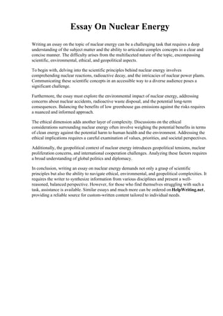 Essay On Nuclear Energy | PDF | Environment | Science