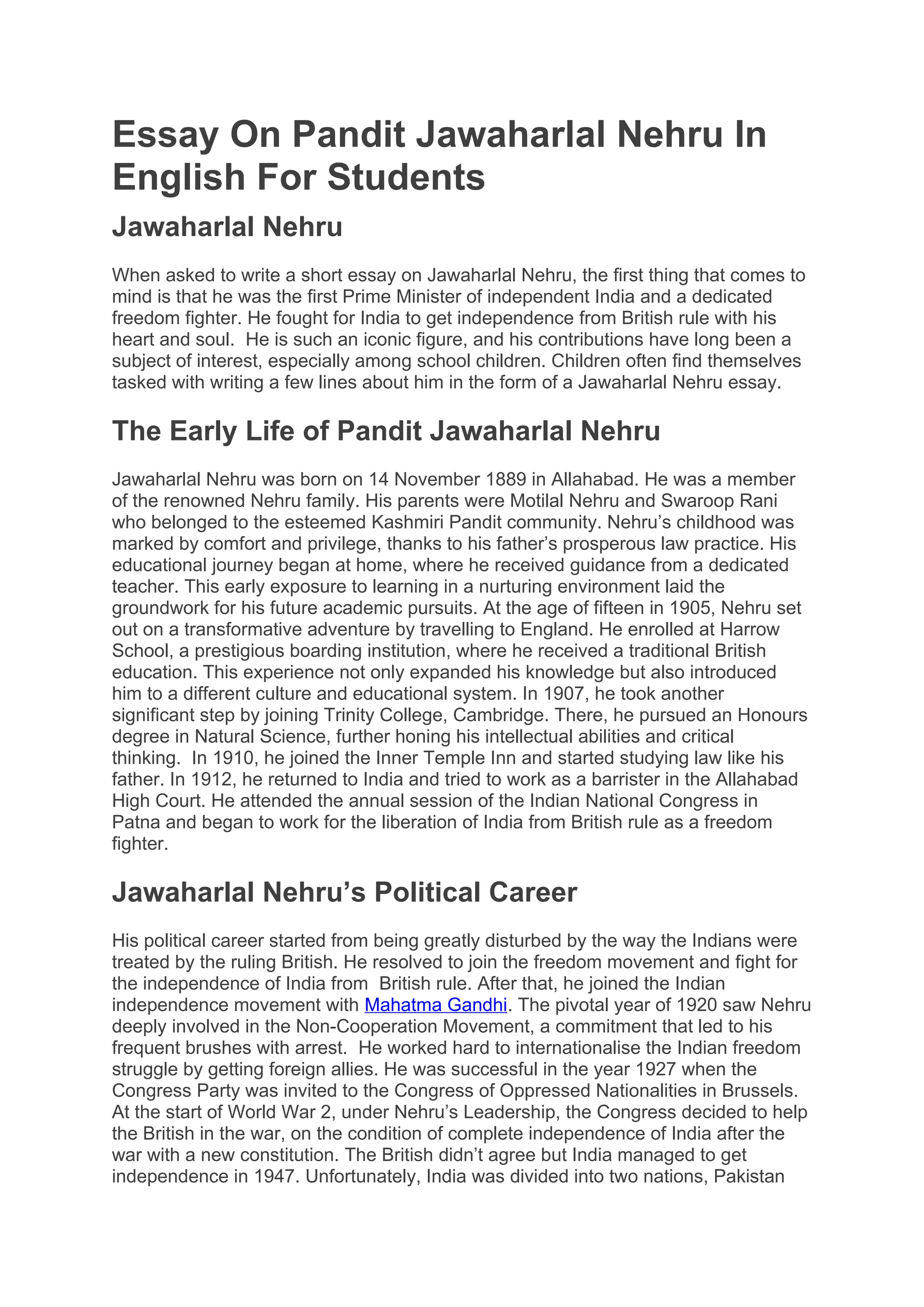 Essay On Pandit Jawaharlal Nehru In English For Students | DOCX
