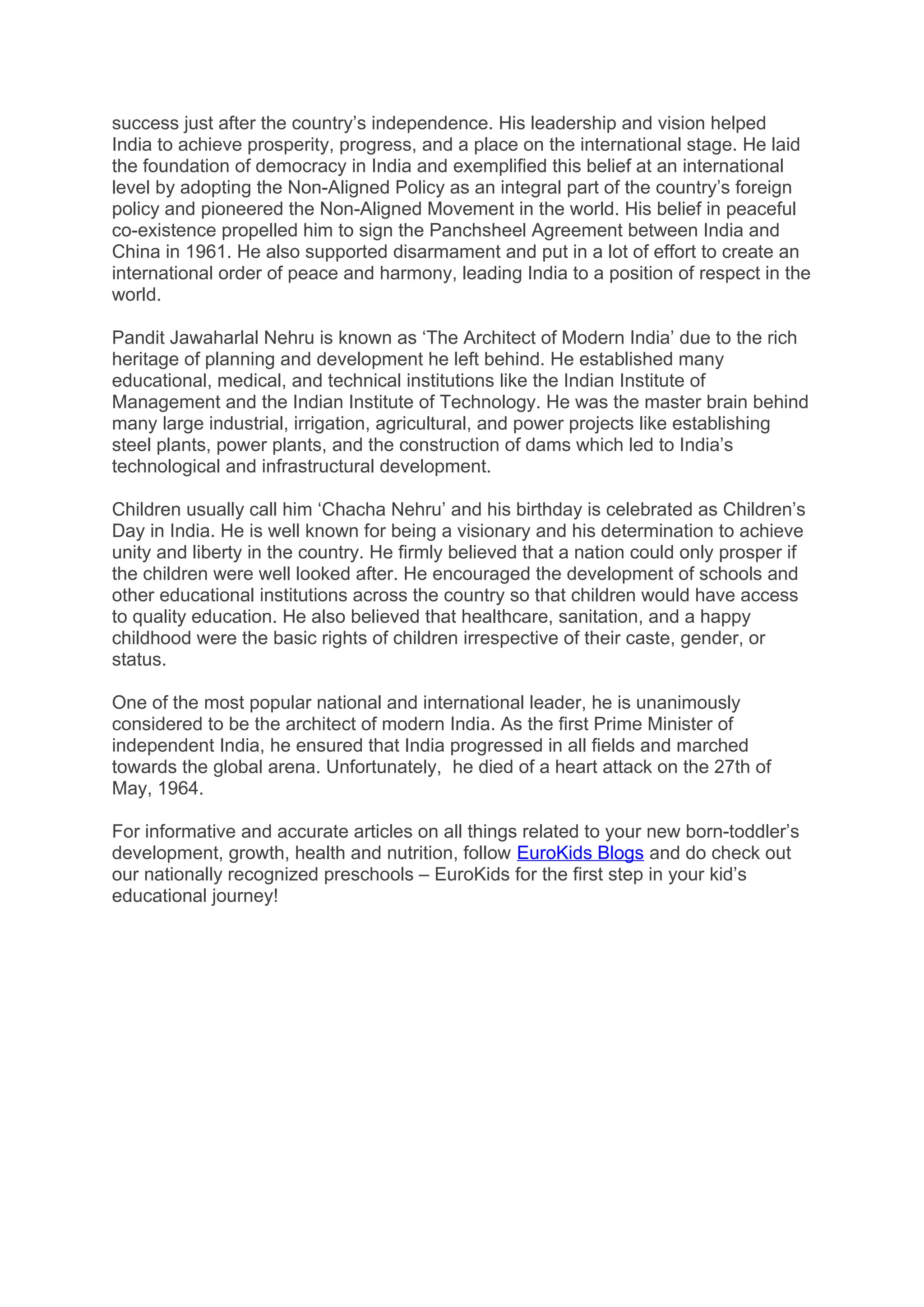 Essay On Pandit Jawaharlal Nehru In English For Students | DOCX