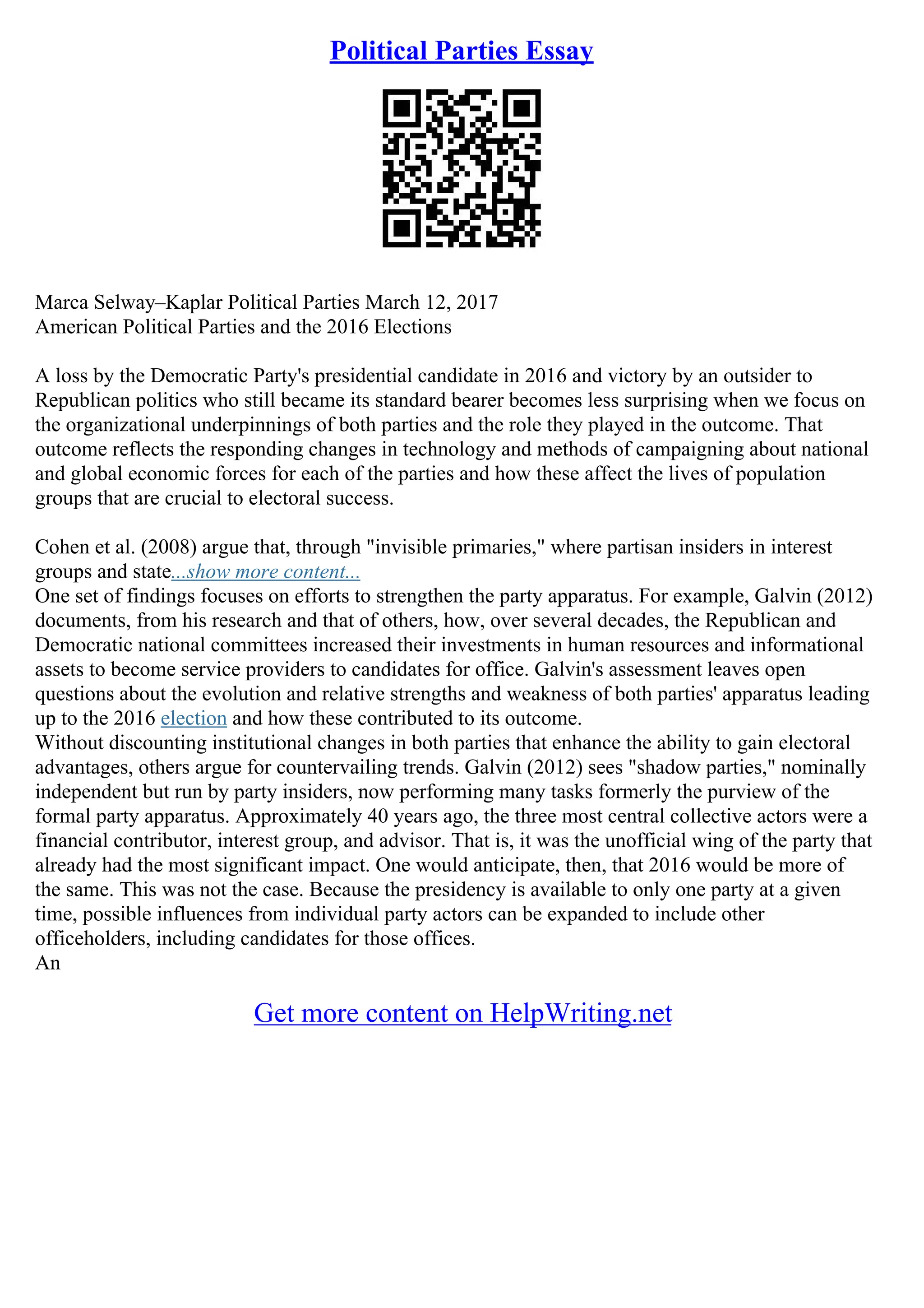 Essay On Political Parties | PDF