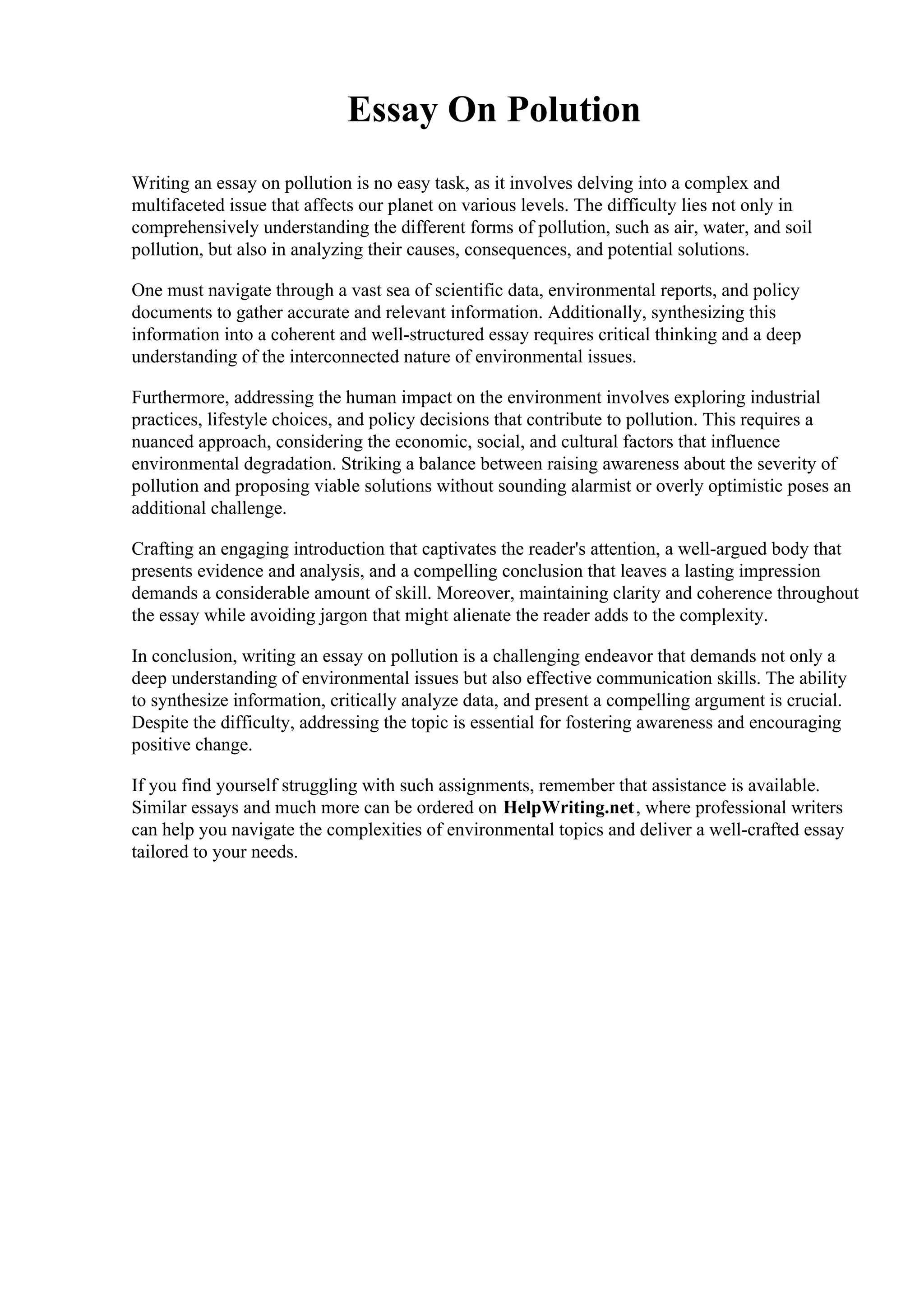 Essay On Polution. The University of Findlay | PDF