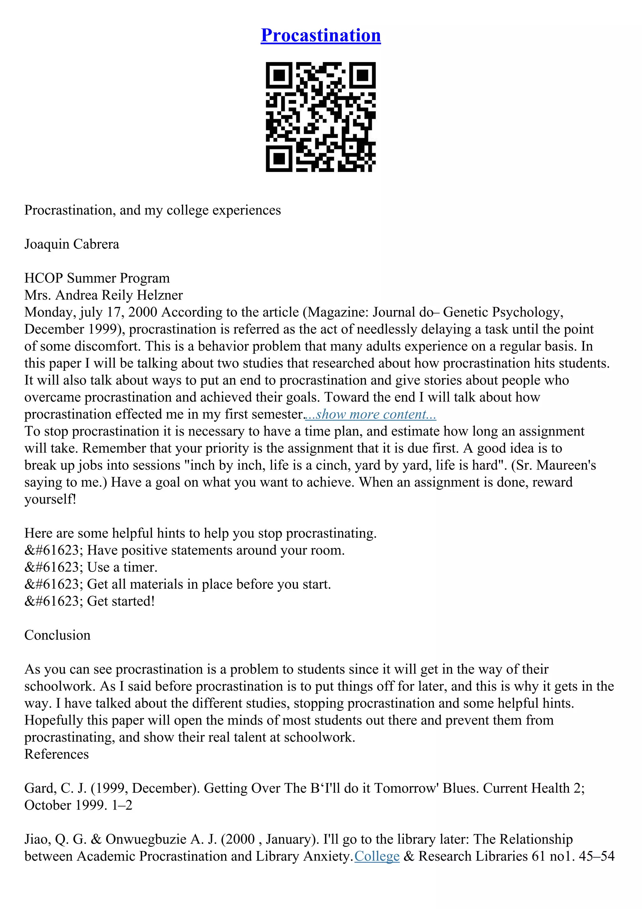 Essay On Procrastination | PDF