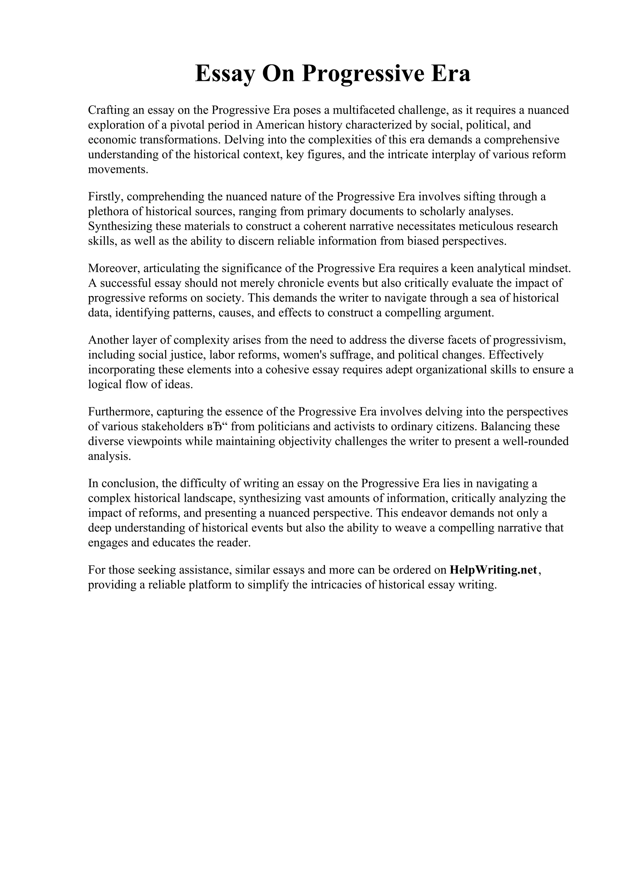 Essay On Progressive Era. Essay Example on Progressivism in the U.S ...