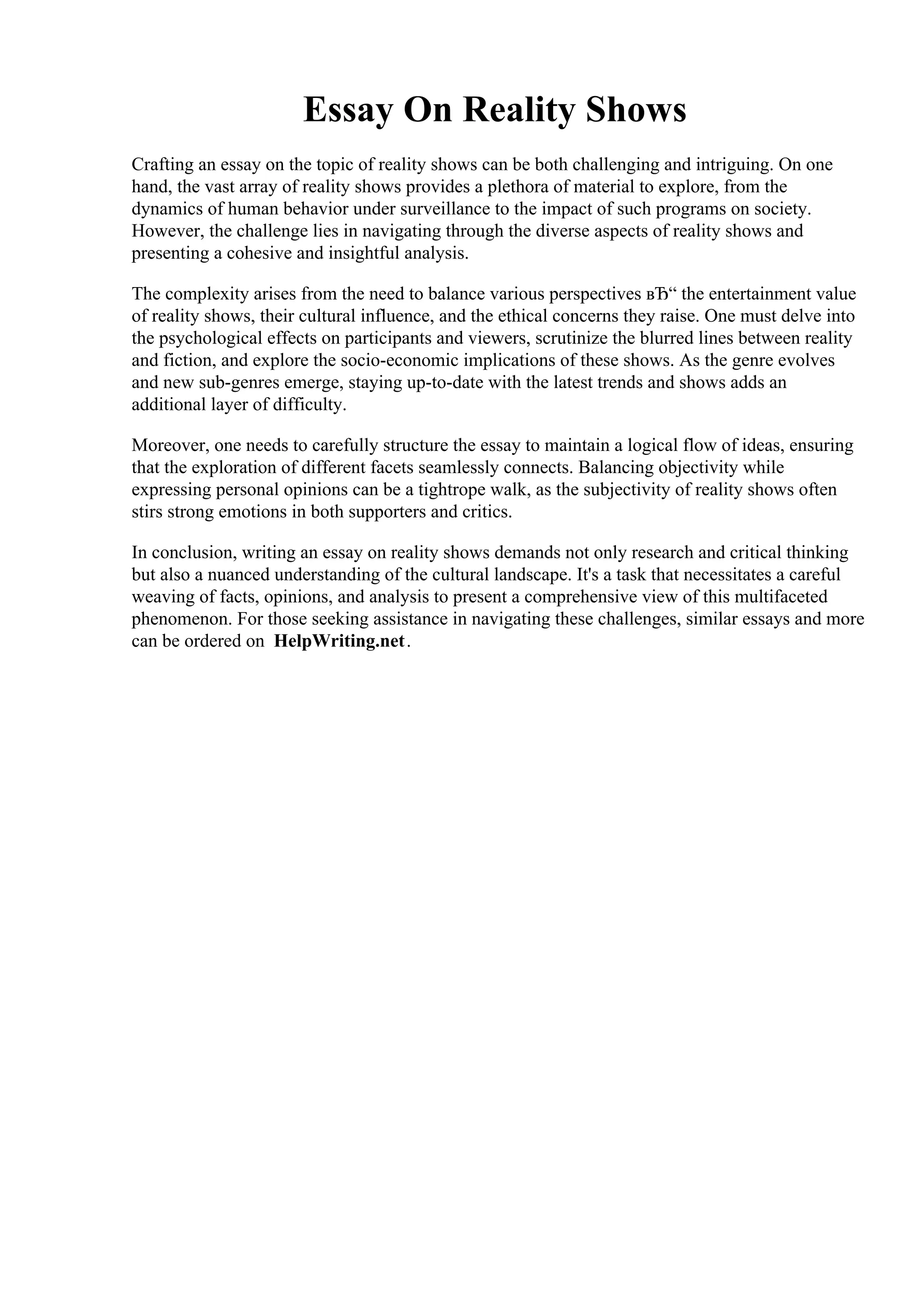 Essay On Reality Shows. Types of tv shows essay - proofreadingwebsite.web.fc2.com