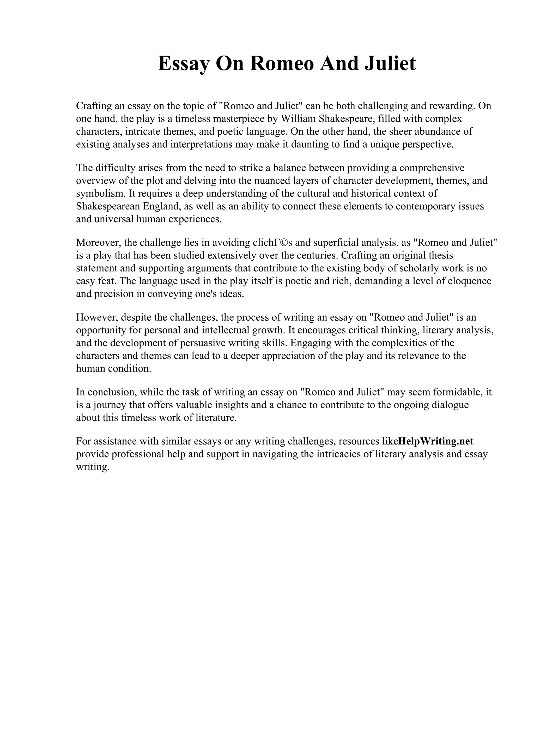 Essay On Romeo And Juliet. Hope College of Arts & Sciences | PDF