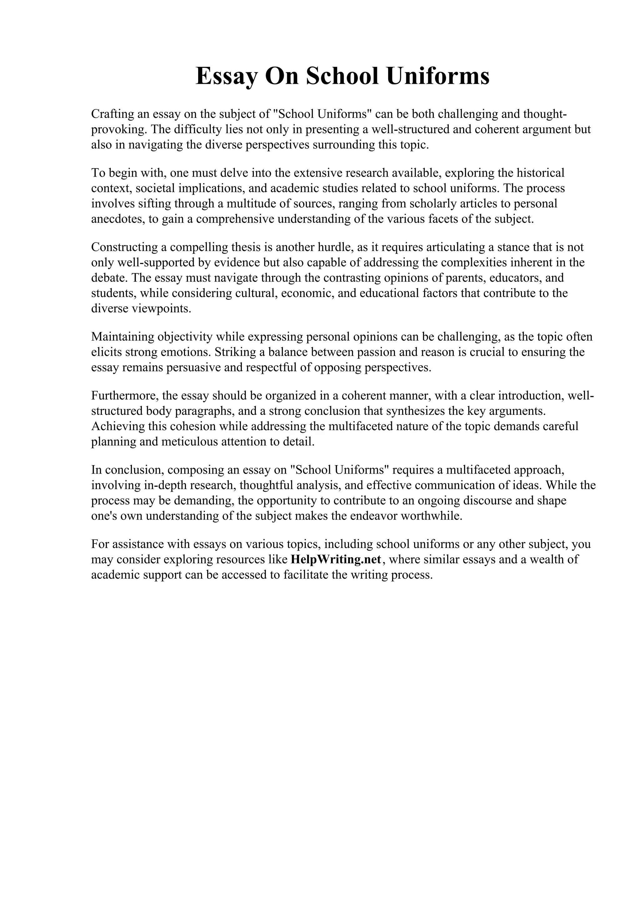 Essay On School Uniforms. Essay supporting school uniforms | PDF ...