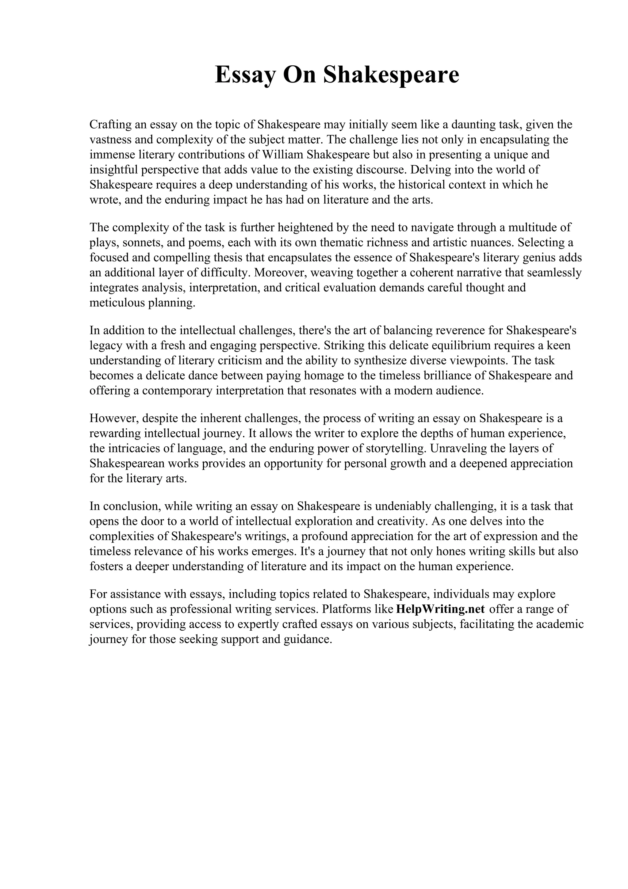 Essay On Shakespeare. San Antonio College | PDF