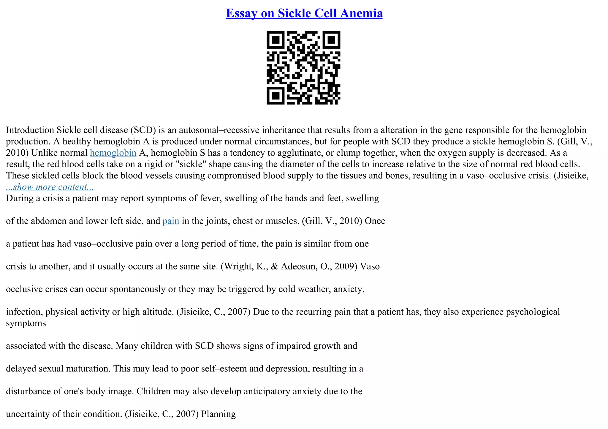 Essay On Sickle Cell Anemia | PDF