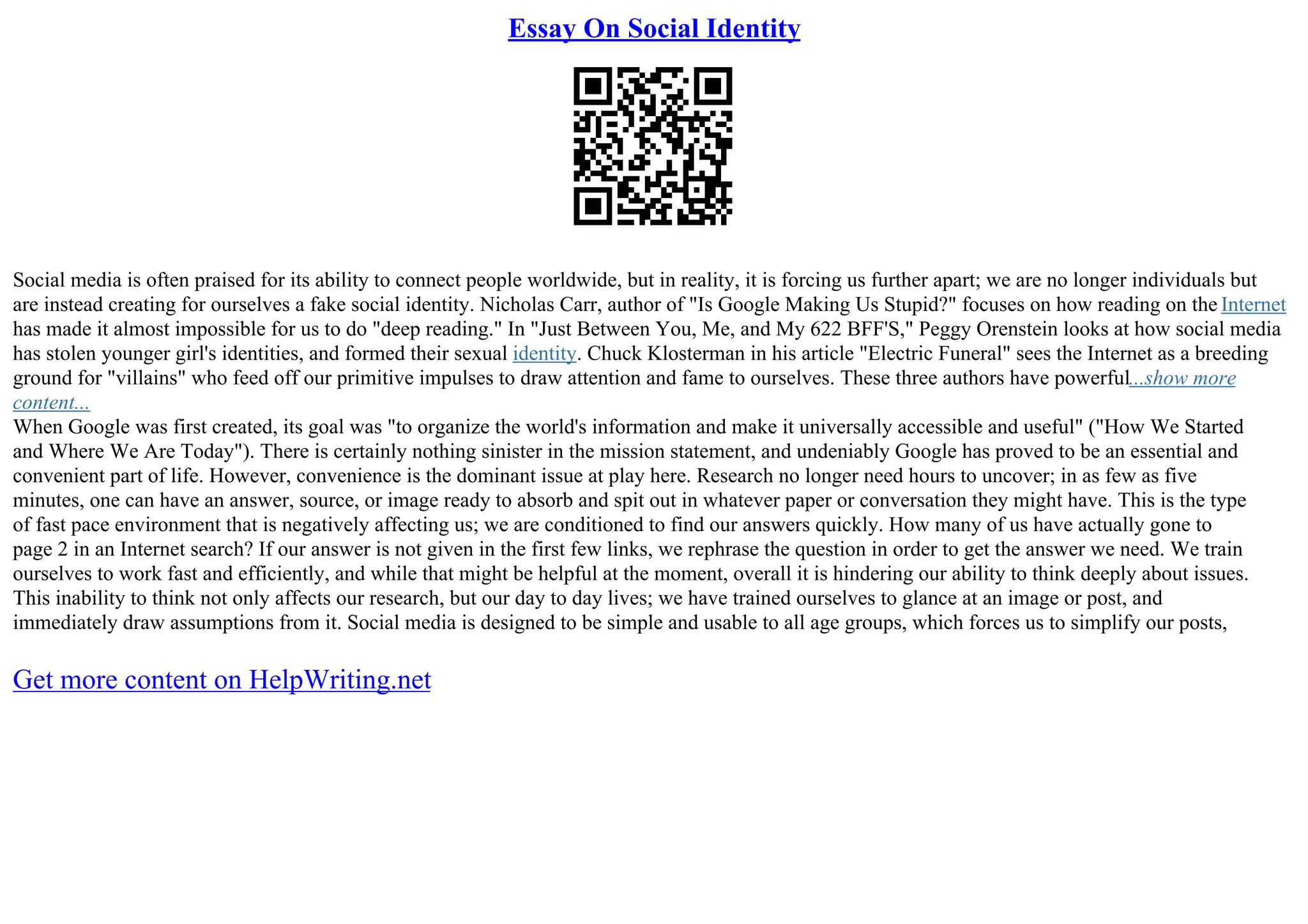 Essay On Social Identity | PDF