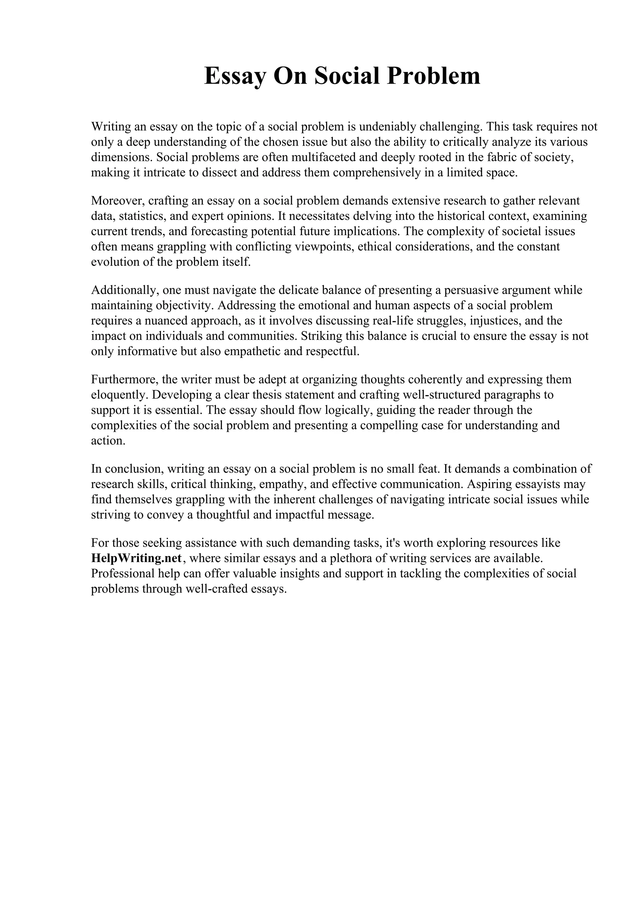 Essay On Social Problem | PDF | Homework and Study | Education