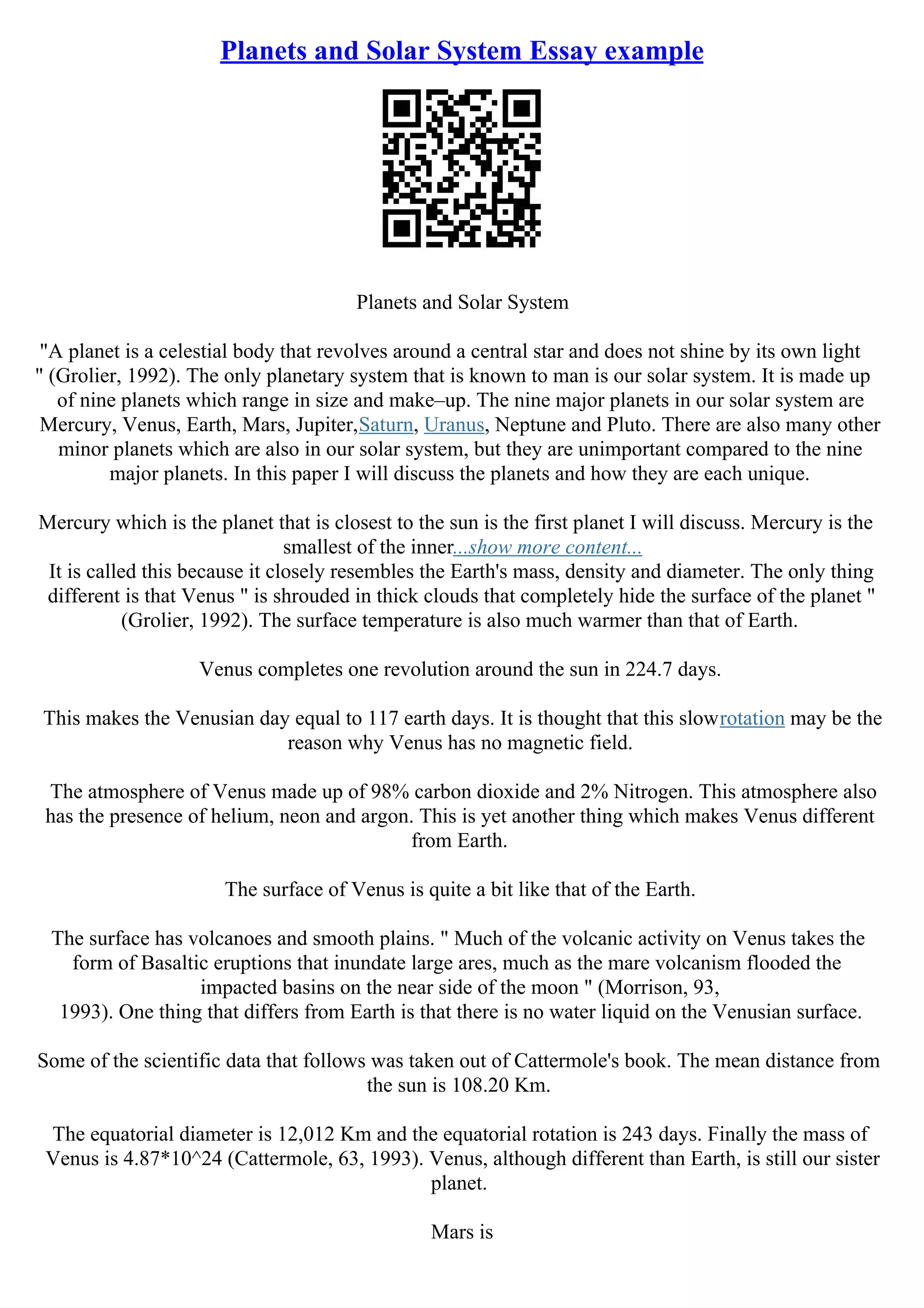 Essay On Solar System For Kids | PDF | Geography | Science