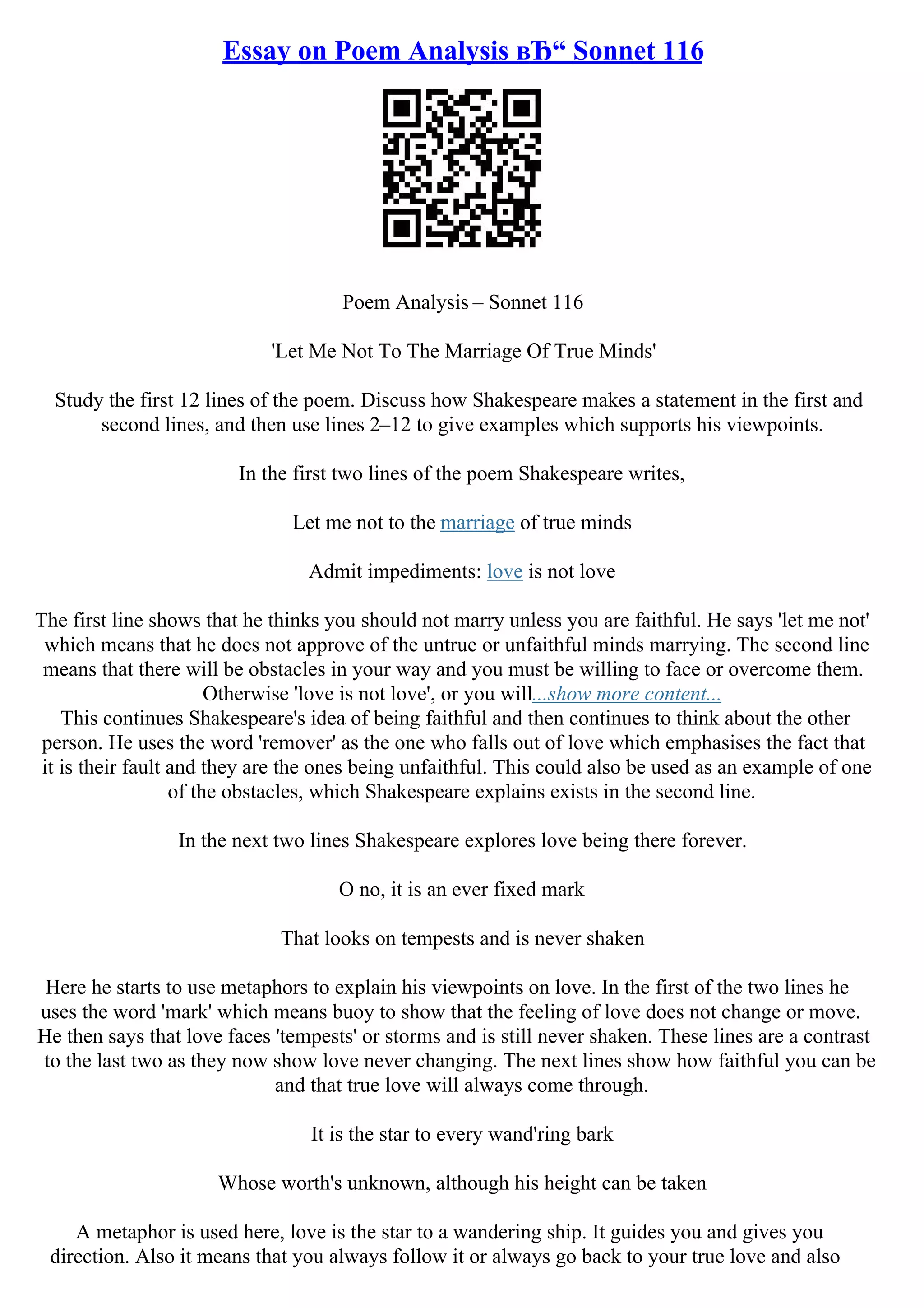 Essay On Sonnet 116 | PDF