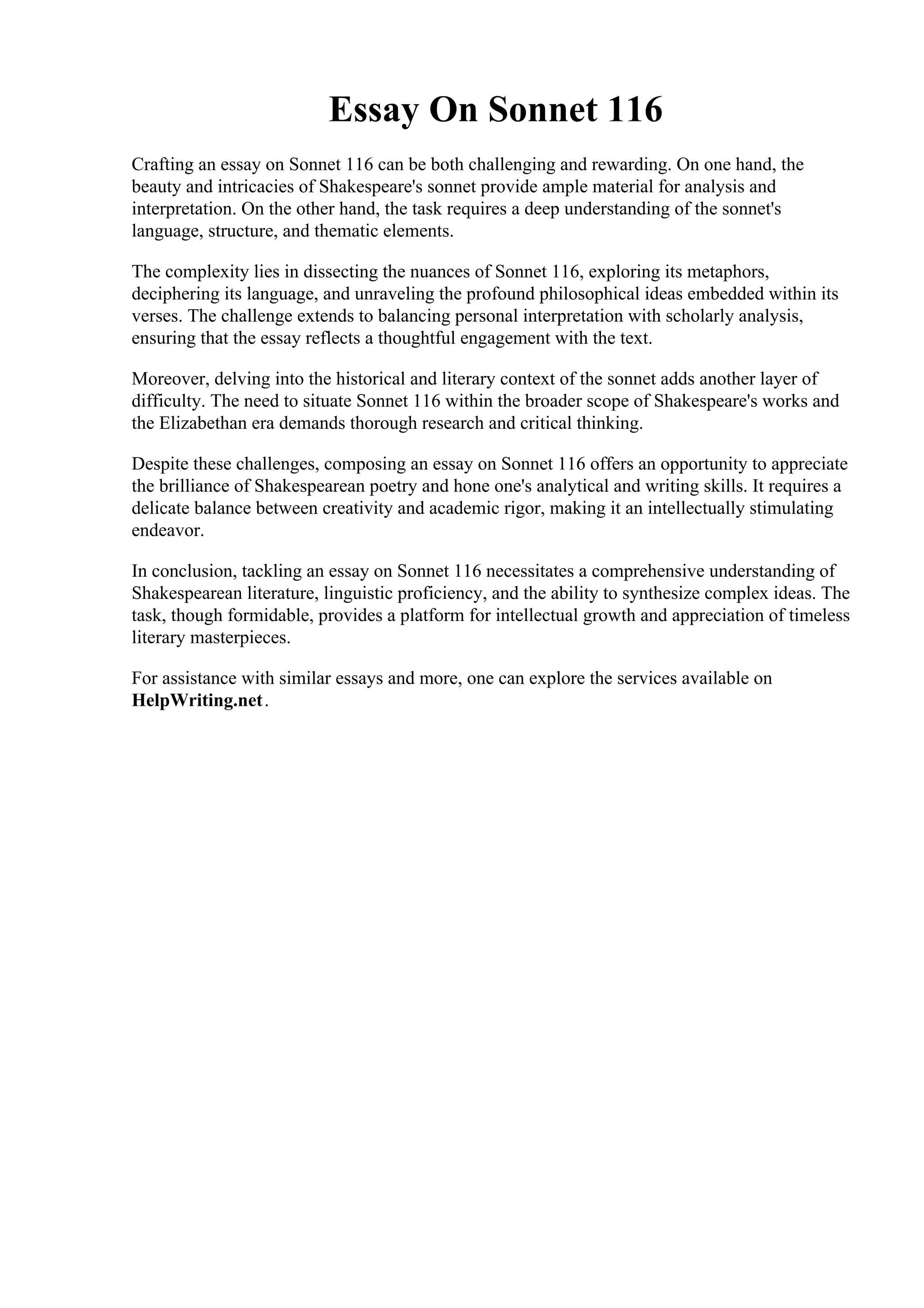 Essay On Sonnet 116. Critical appreciation of sonnet 116. Analysis of ...