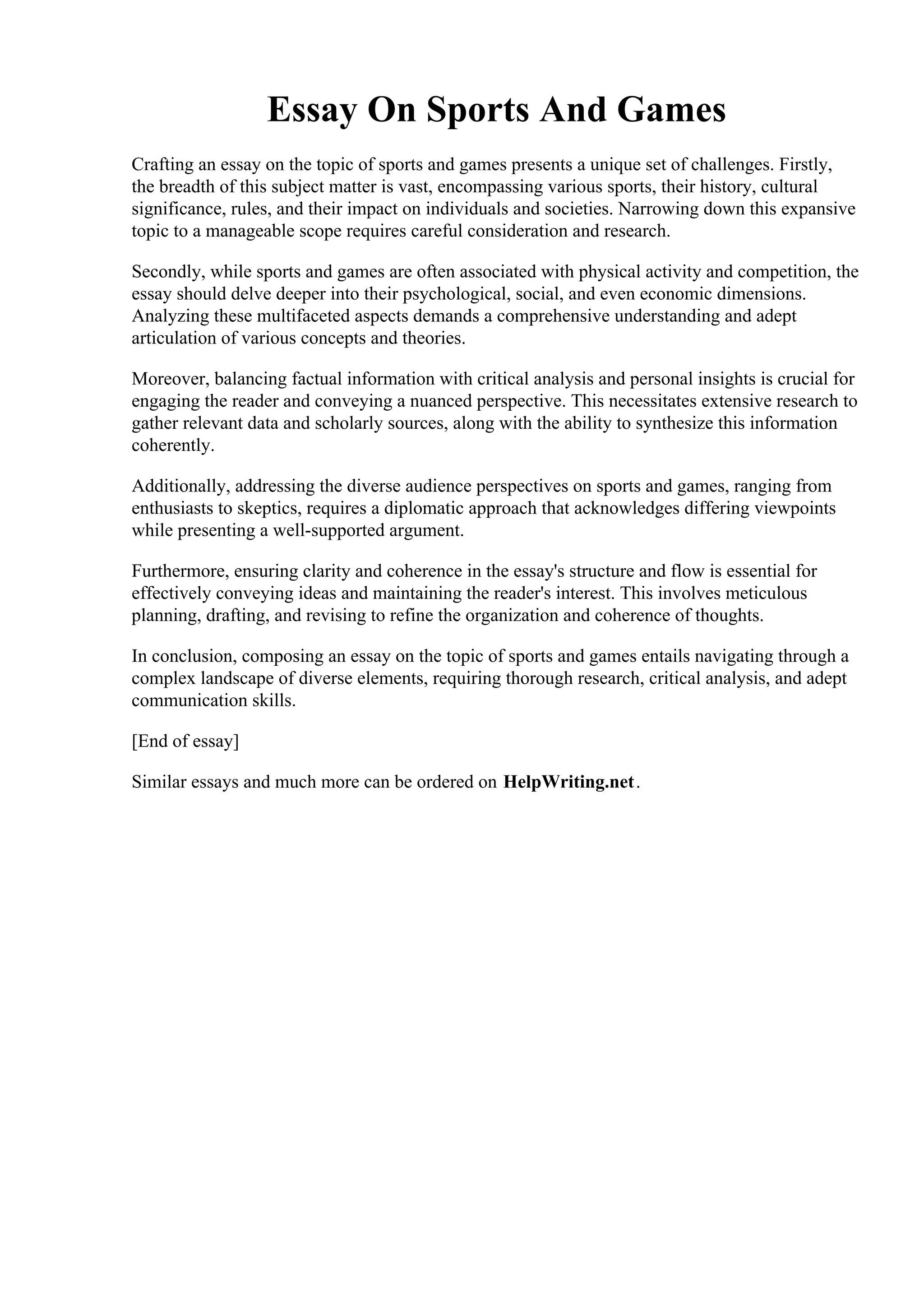 Essay On Sports And Games. Essay on Sport Sample | PDF