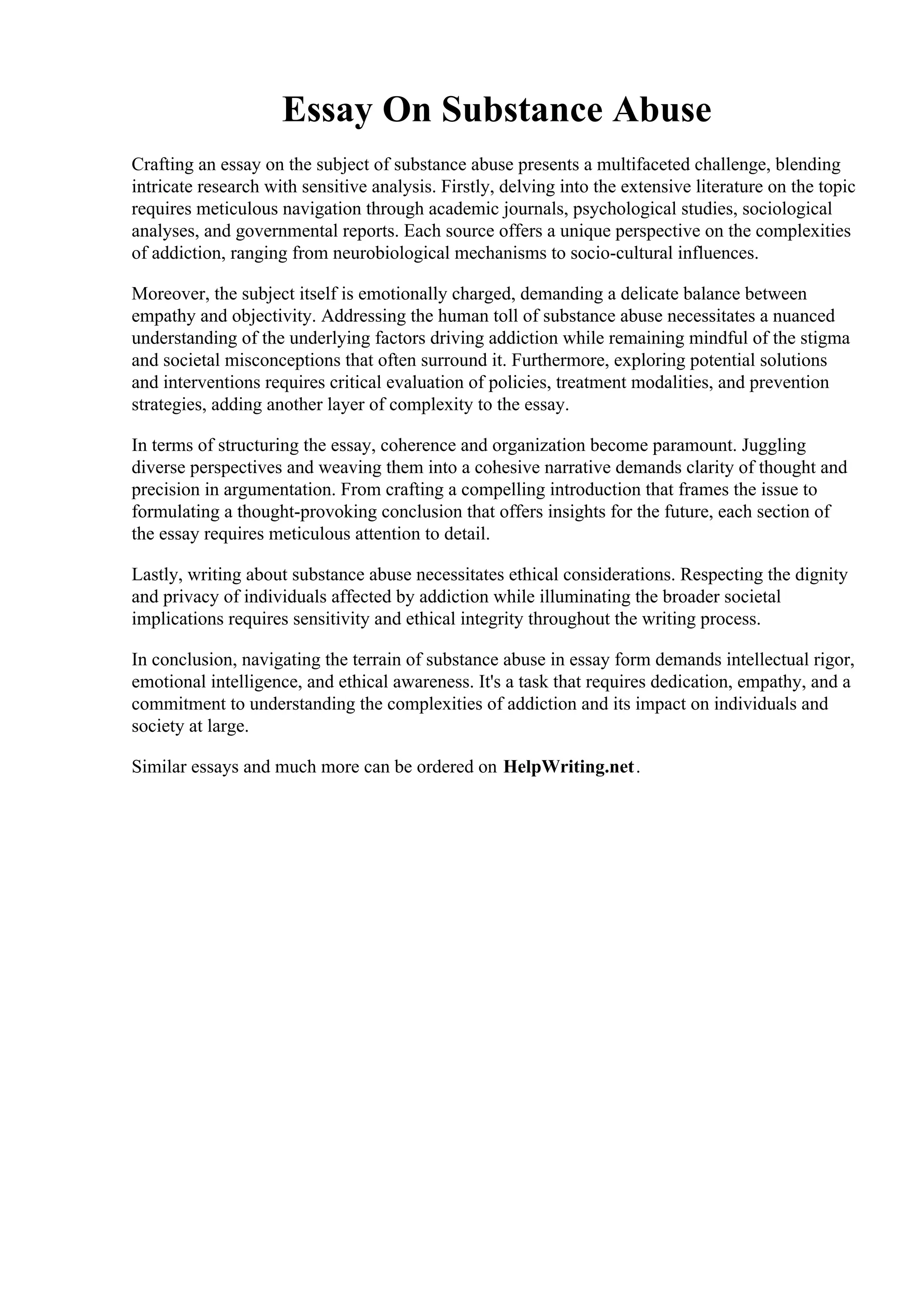 Essay On Substance Abuse. Sample essay on legal substances and drug ...