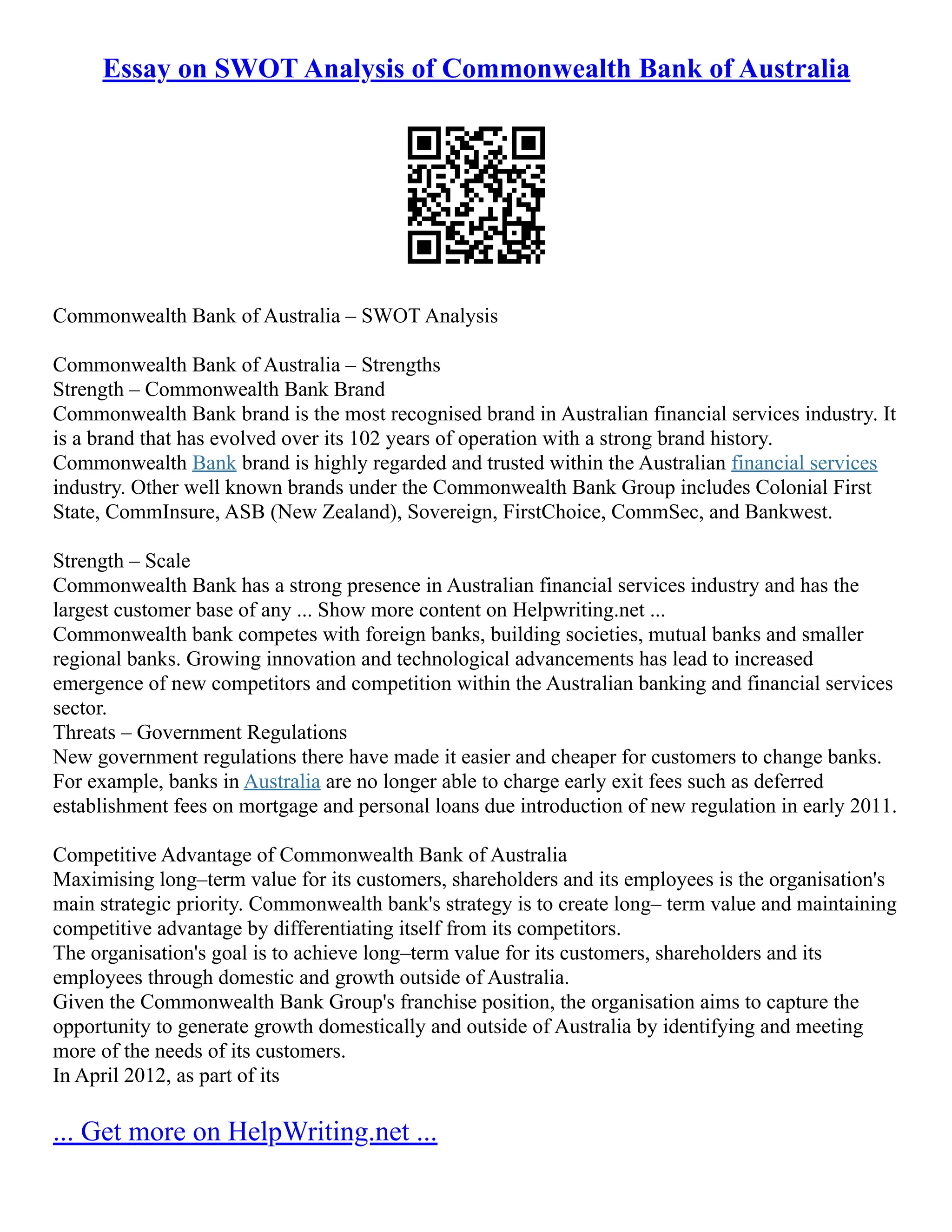 Essay On SWOT Analysis Of Commonwealth Bank Of Australia | PDF