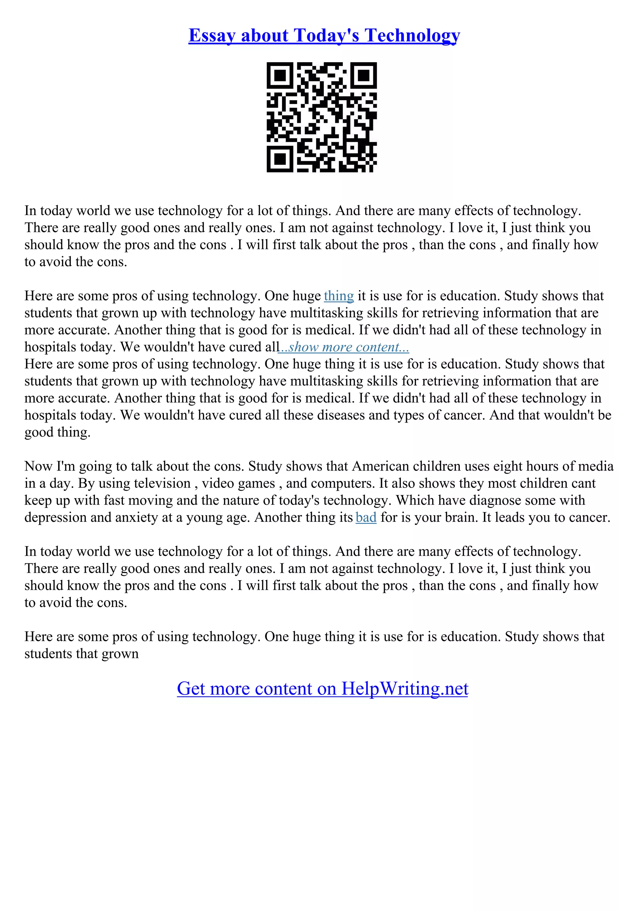 Essay On Technology Today | PDF