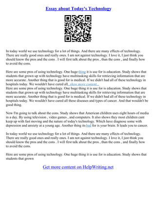 Essay On Technology Today | PDF | Internet for Beginners | Internet