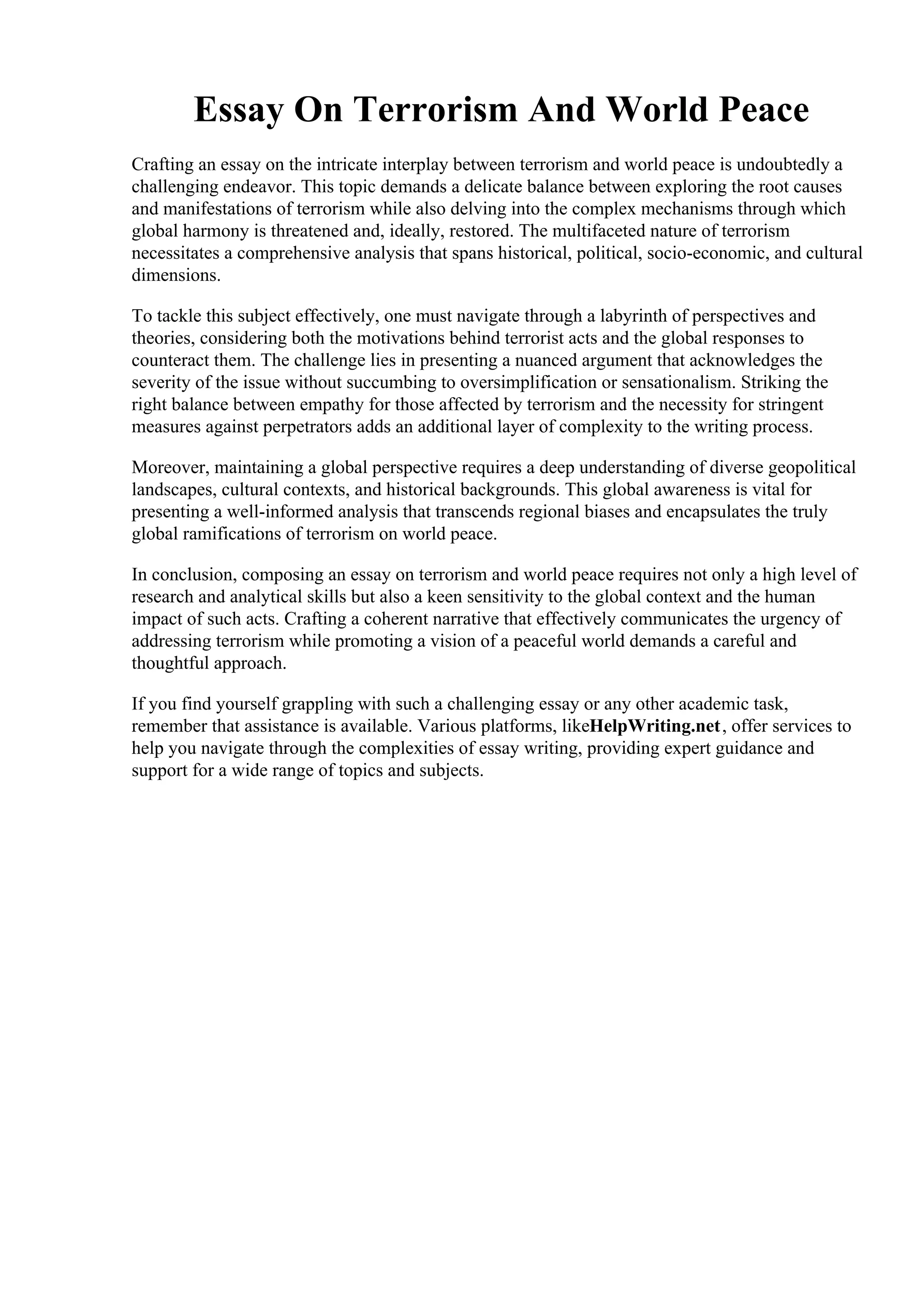 Essay On Terrorism And World Peace | PDF