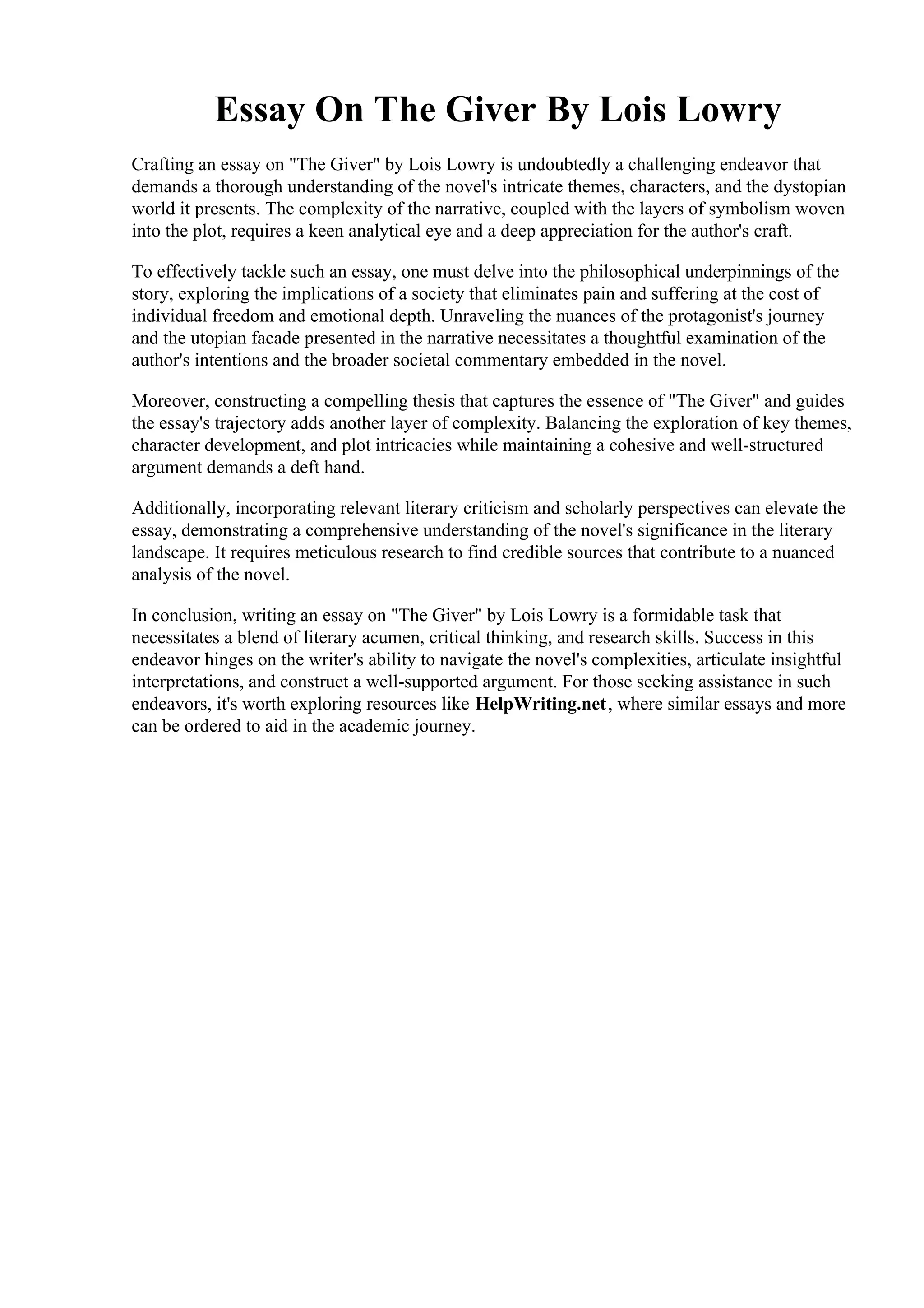 Essay On The Giver By Lois Lowry.pdf