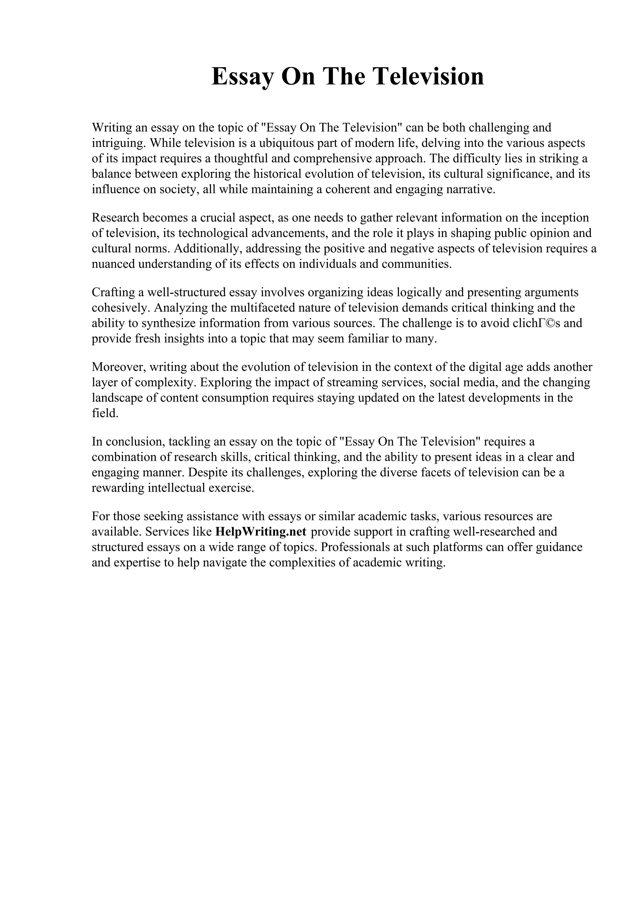Essay On The Television. University of Wisconsin-Parkside | PDF
