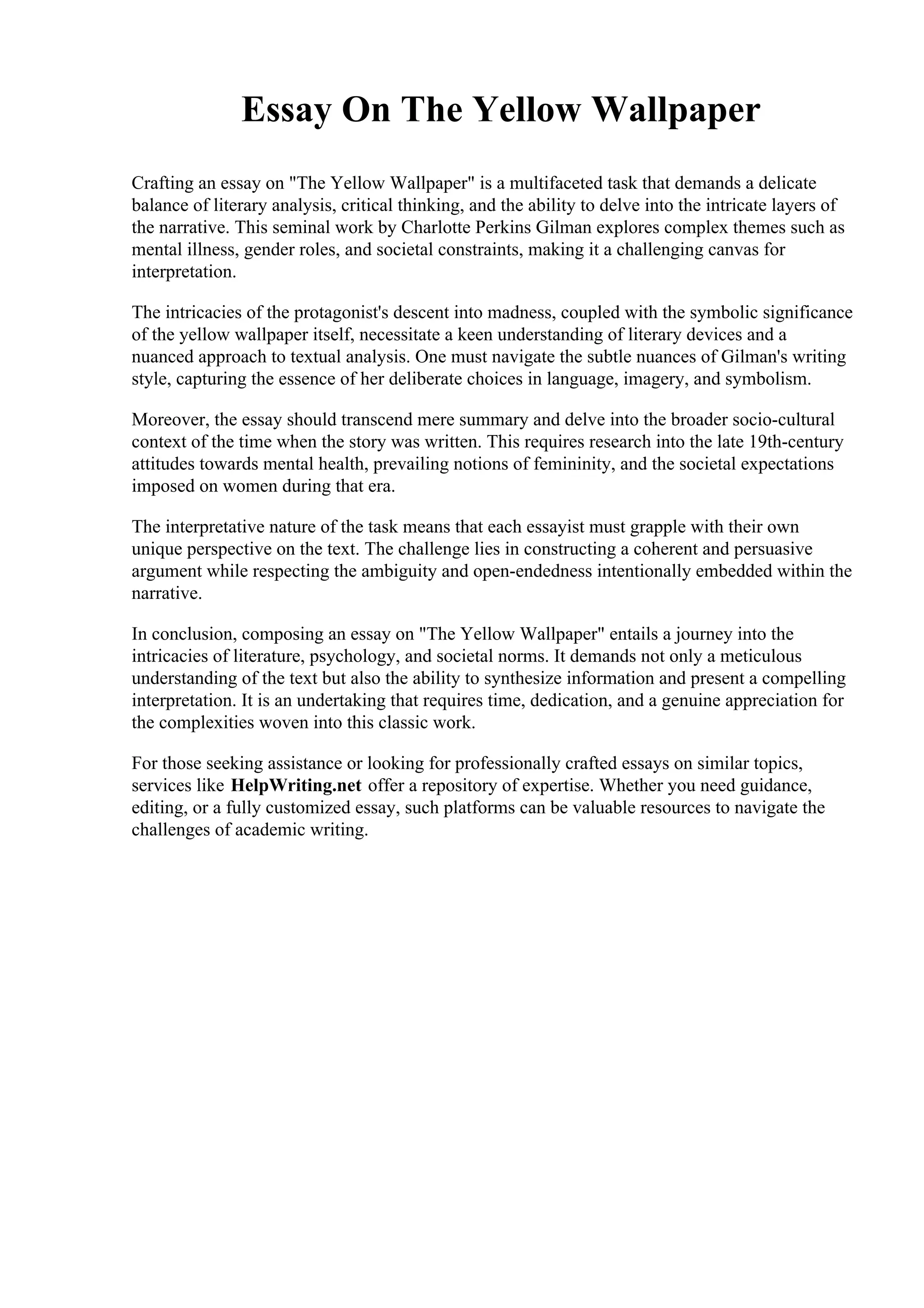 Essay On The Yellow Wallpaper. Highline College | PDF | Books and ...