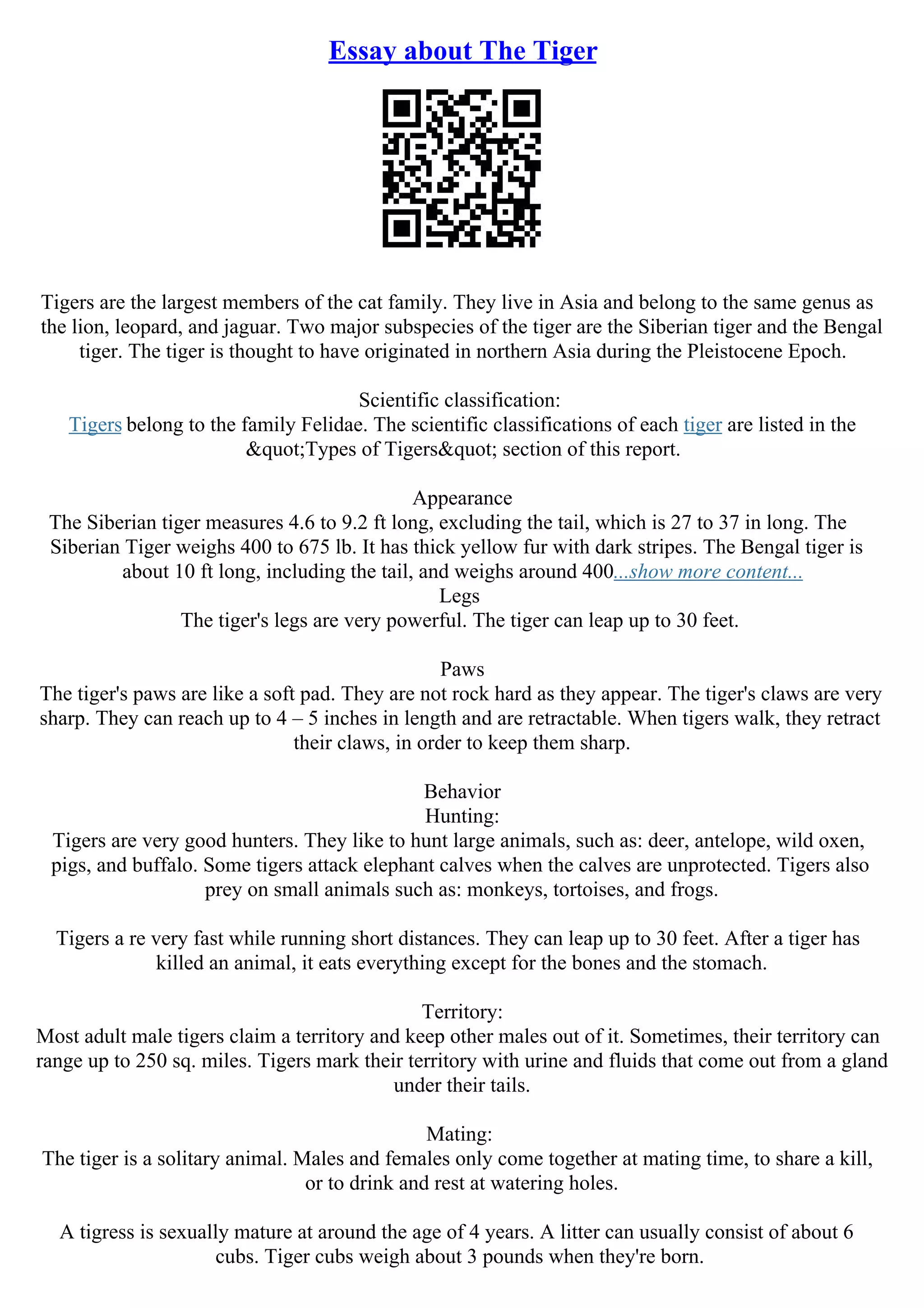 Essay On Tigers | PDF