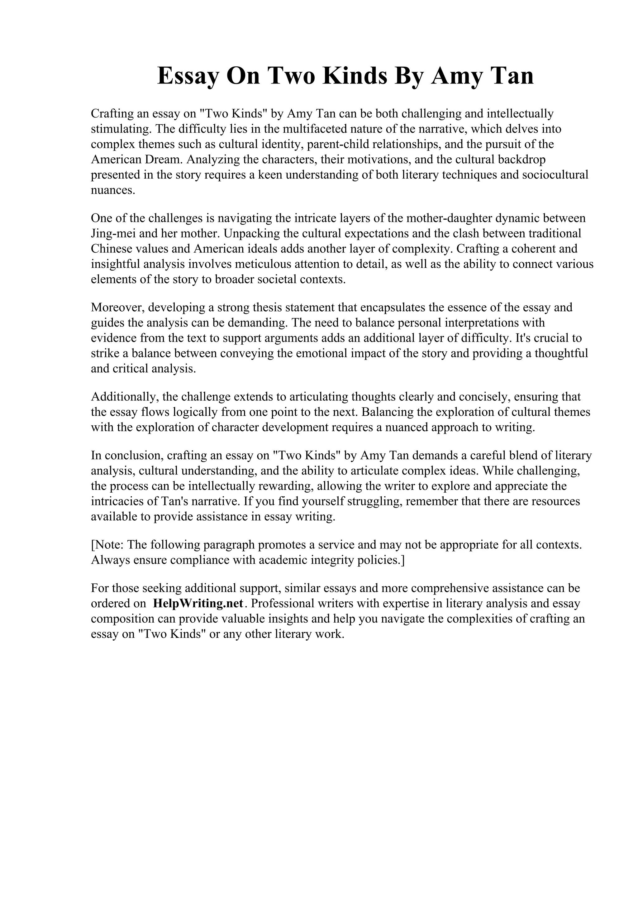 Essay On Two Kinds By Amy Tan | PDF