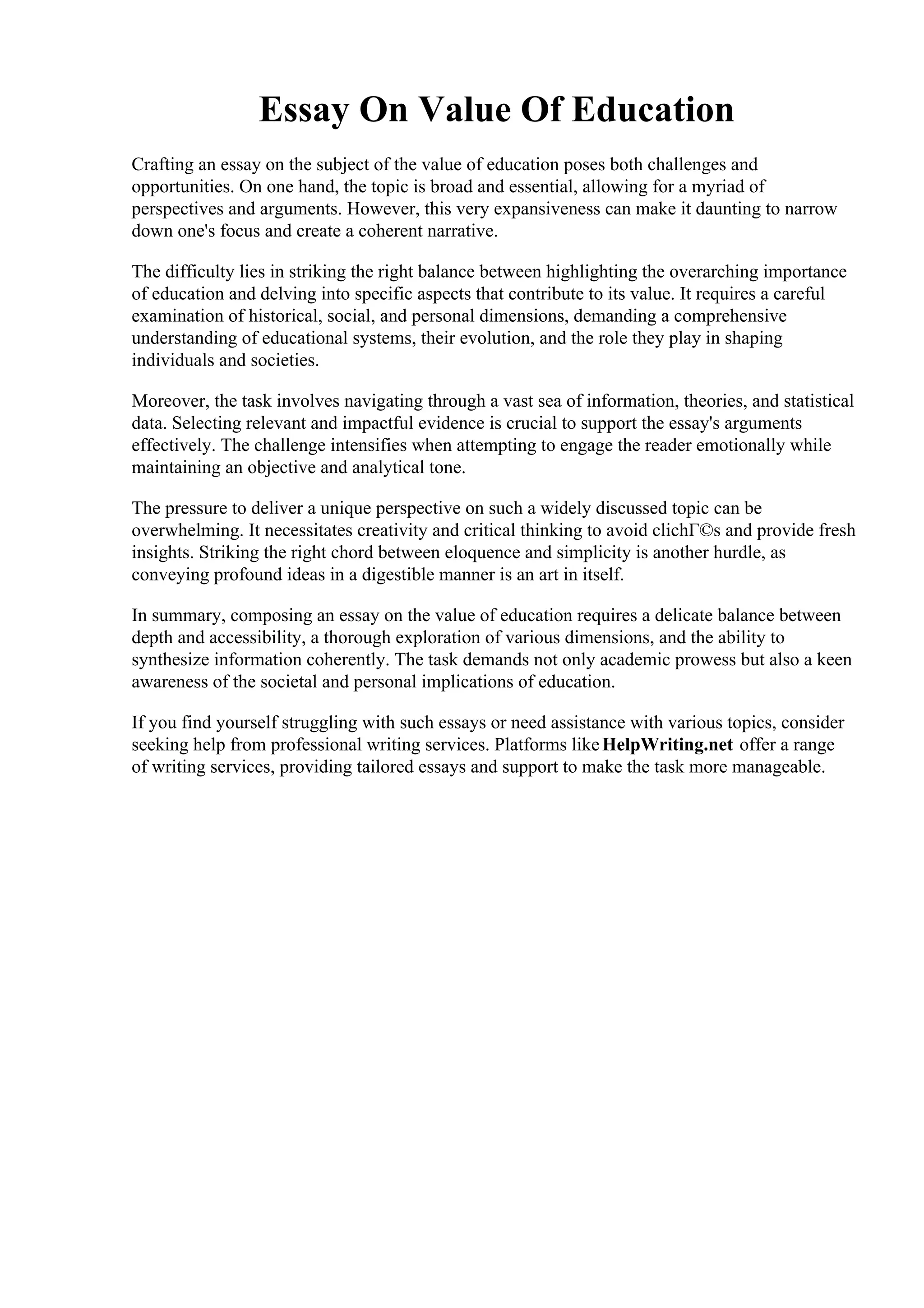 Essay On Value Of Education. IMPORTANCE OF EDUCATION ESSAY - English ...