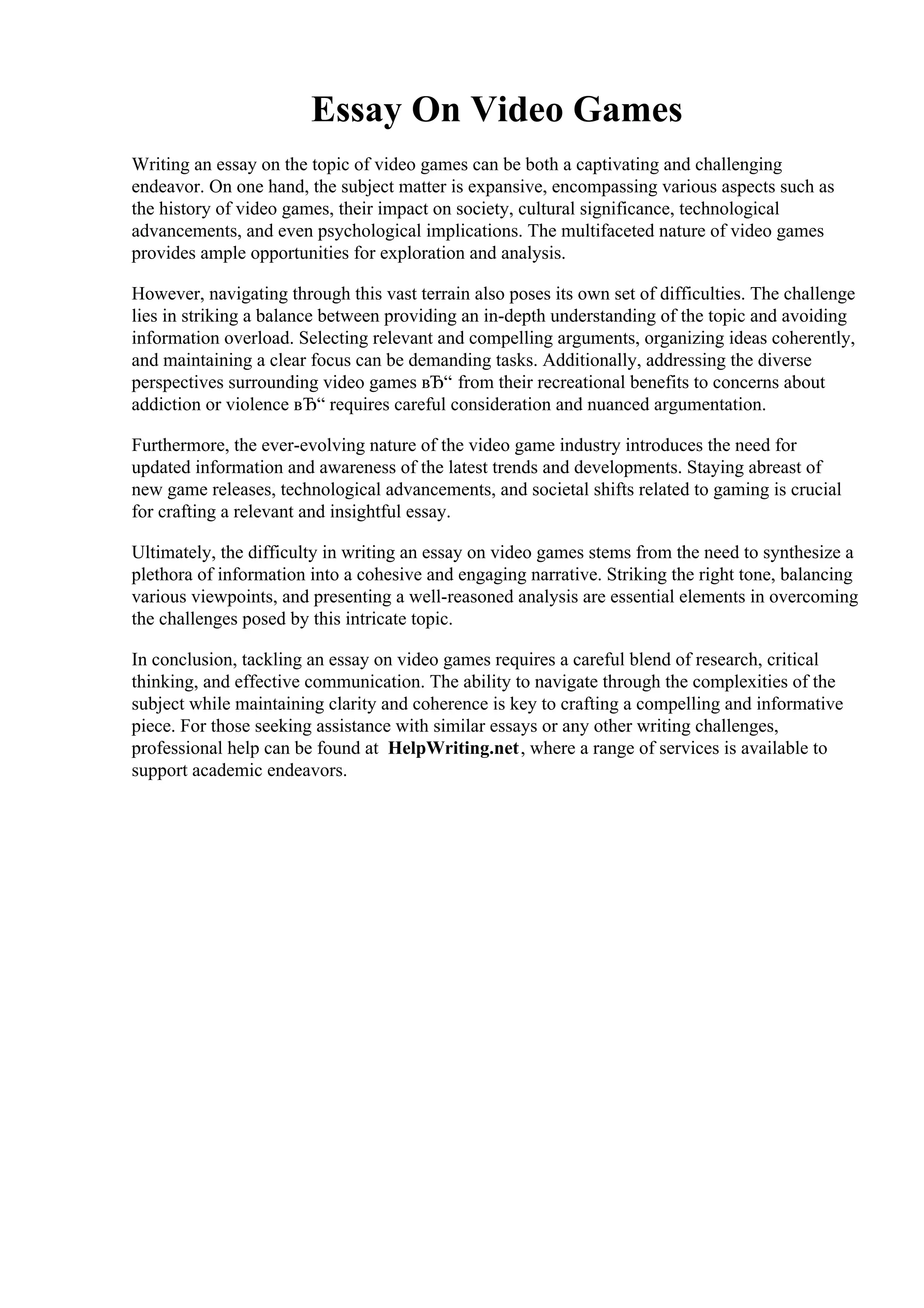 Essay On Video Games | PDF