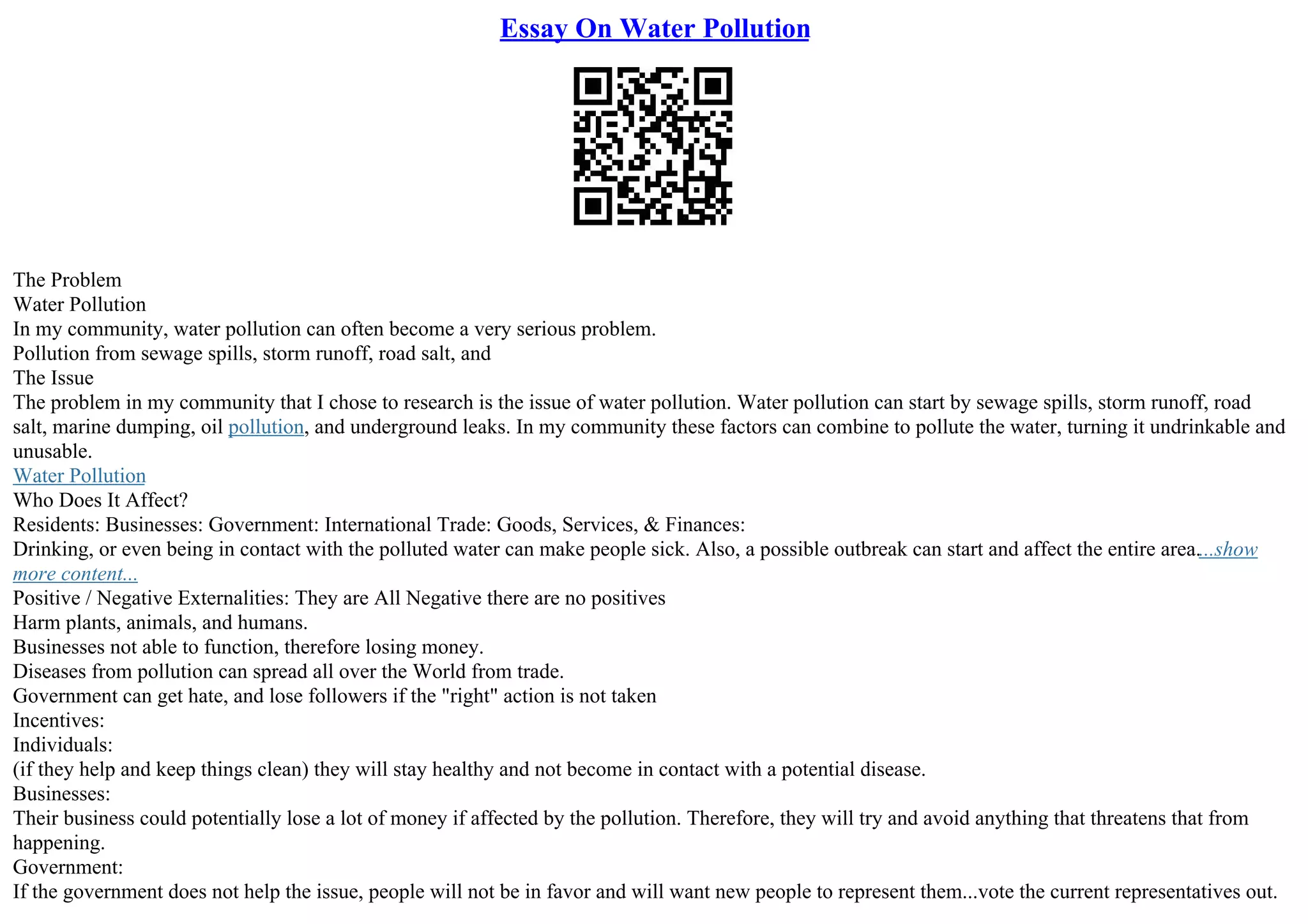 Essay On Water Pollution | PDF