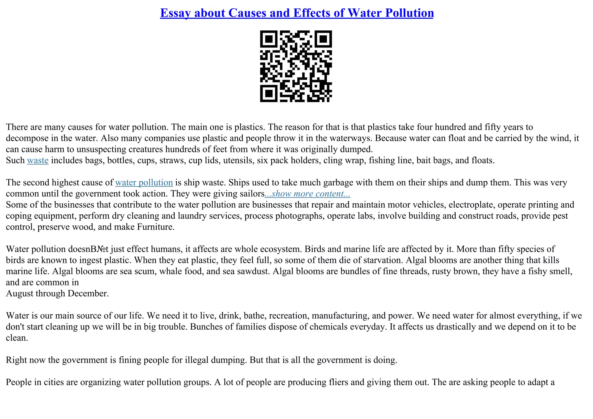 Essay On Water Pollution | PDF