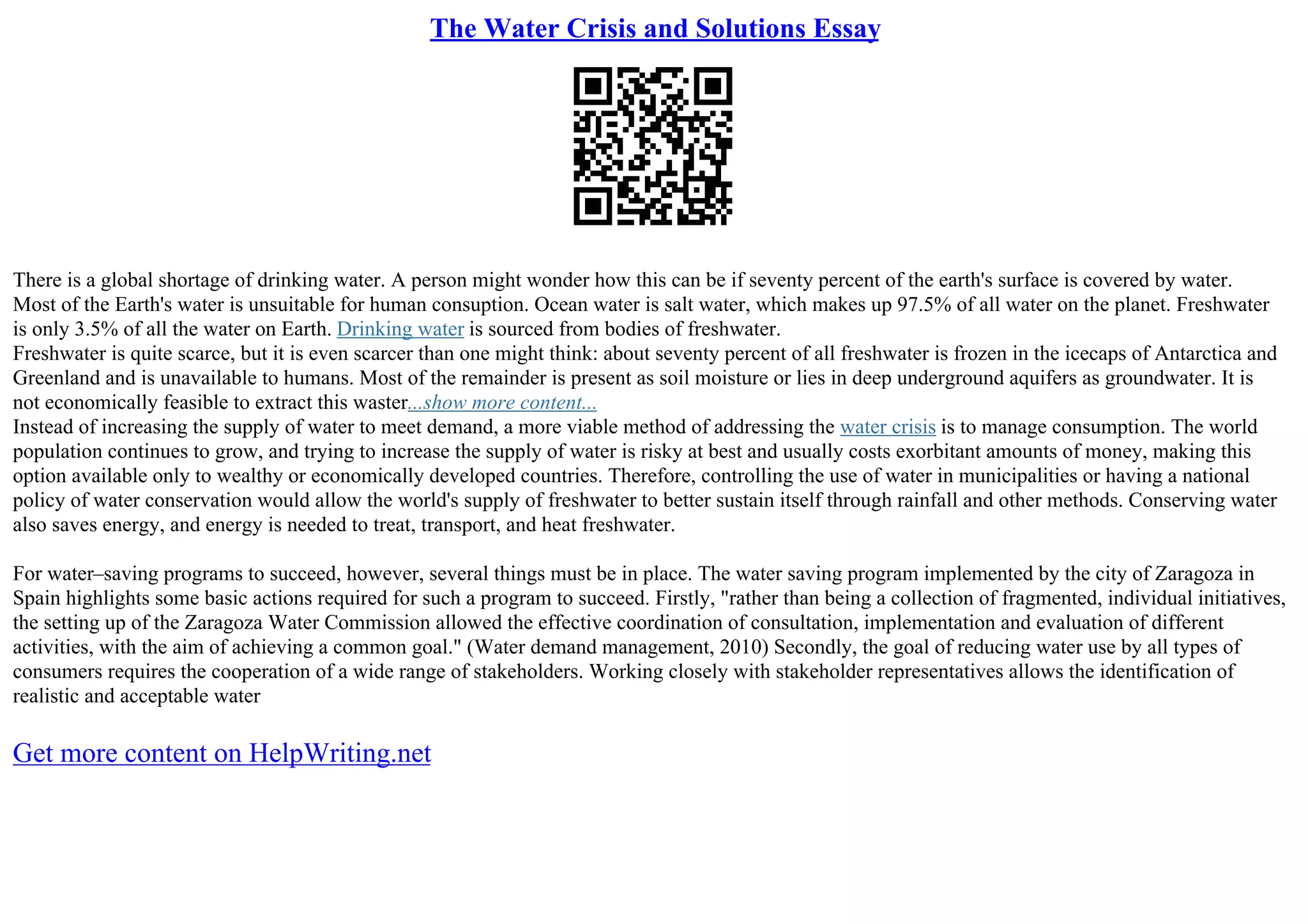 Essay On Water Supply System | PDF
