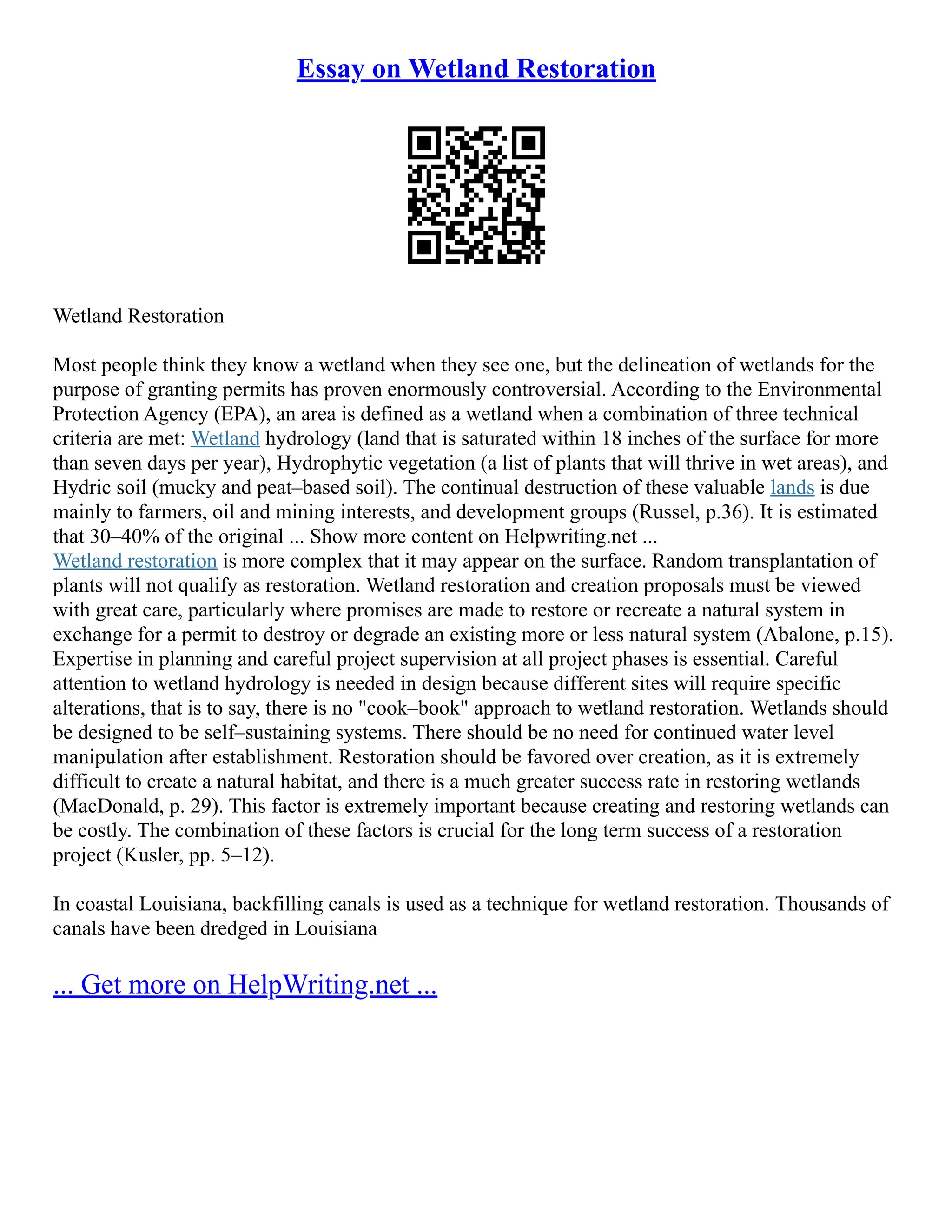Essay On Wetland Restoration | PDF